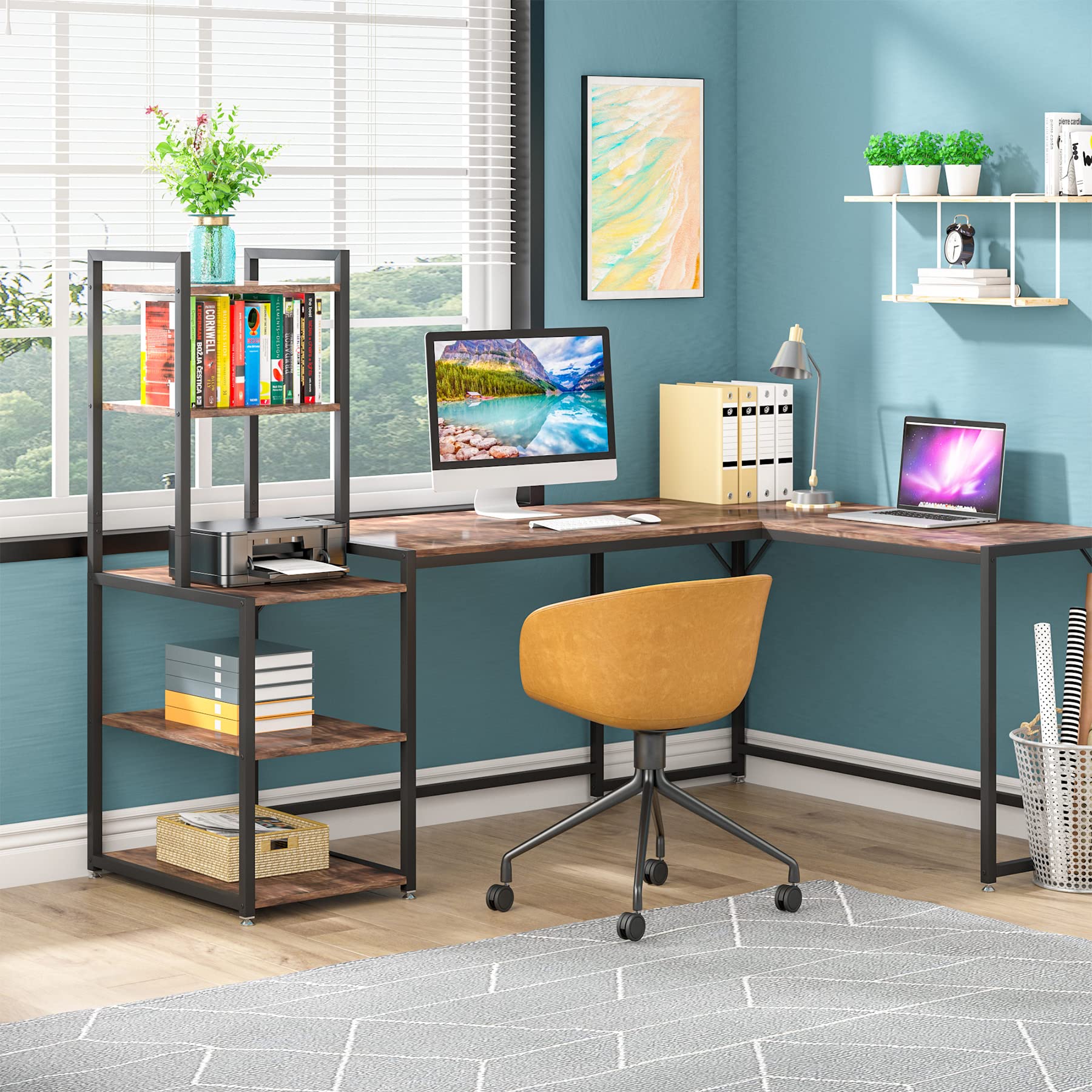 Tribesigns 79 Inch Reversible L-Shaped Desk, Industrial Large Corner Desk with 5 Tier Storage Shelves, Large L Desk Home Office Desk Computer Table Writing Desk, Rustic Brown