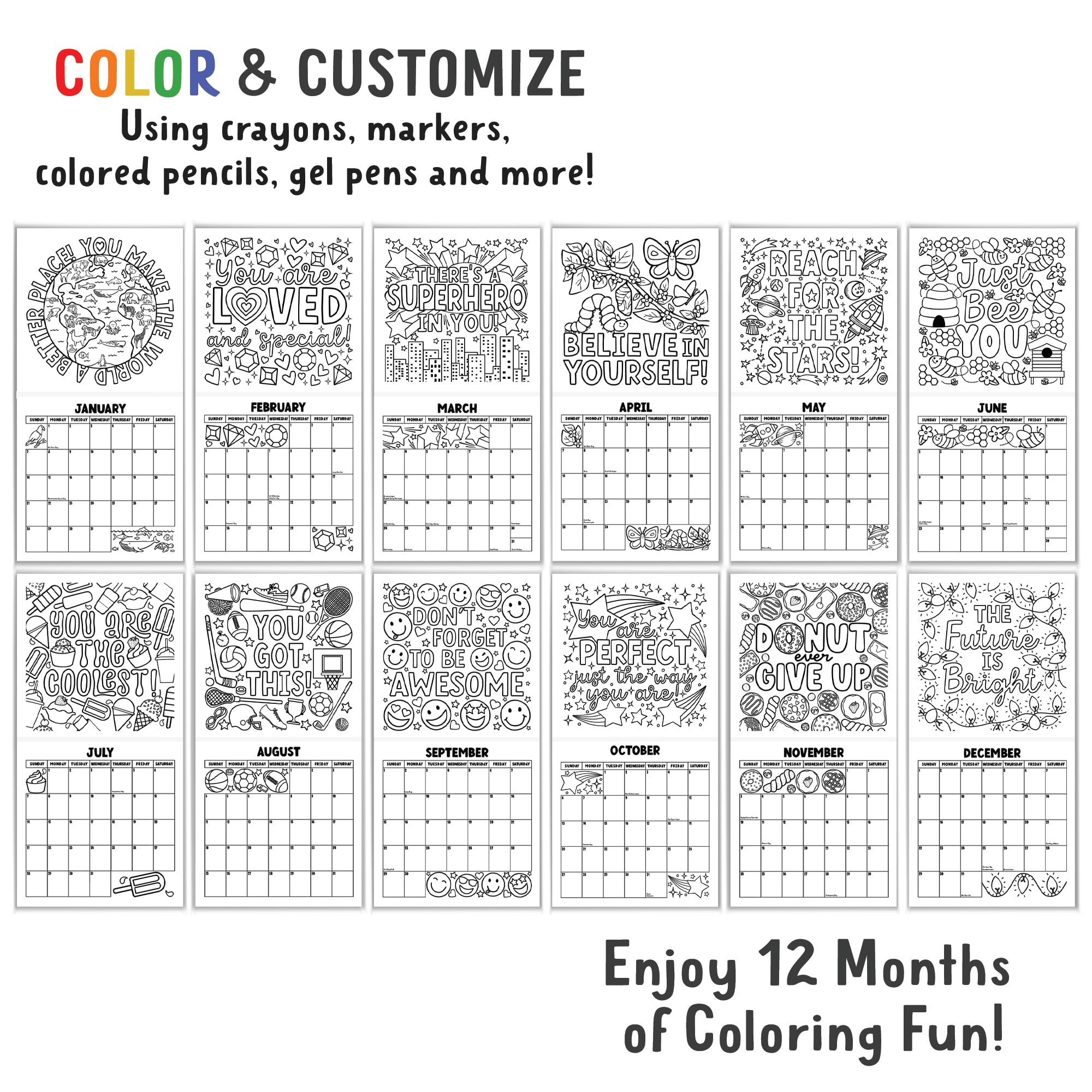 Tiny Expressions - Inspirational Coloring Calendar for Kids - Today is a Good Day 2024 Wall Calendar - Home or Classroom Kid Learning Calendars with Inspirational Quotes - Children's Calendar - 12x12 inches