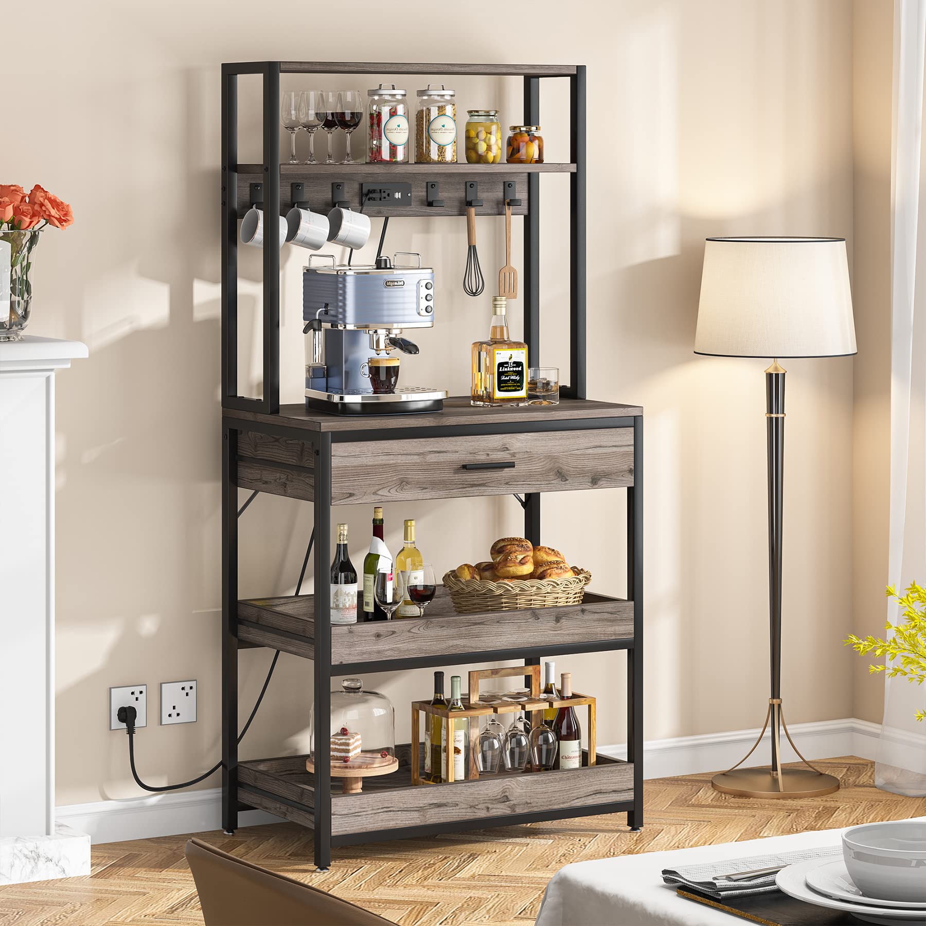 Tribesigns Kitchen Bakers Rack with Power Outlets, 5-Tier Microwave Oven Stand with Drawer and Sliding Shelves, Freestanding Coffee Bar, Kitchen Storage Shelf Organizer with 6 Hooks, Grey