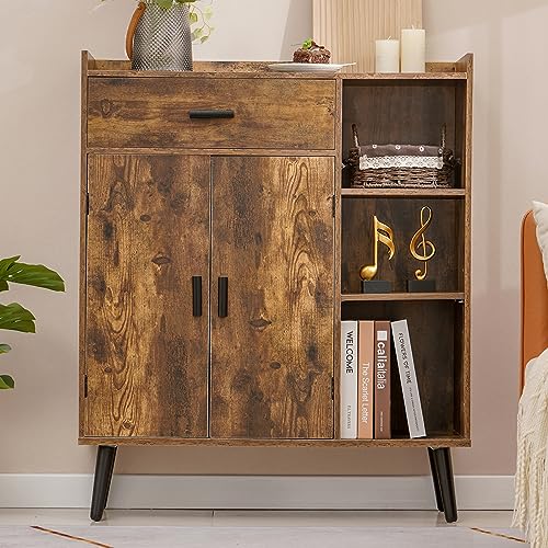usikey Storage Cabinet, Floor Storage Cabinet with 2 Doors & 3 Shelves, Mid Century Cabinet, Accent Cabinet for Living Room, Entryway, Office, Rustic Brown