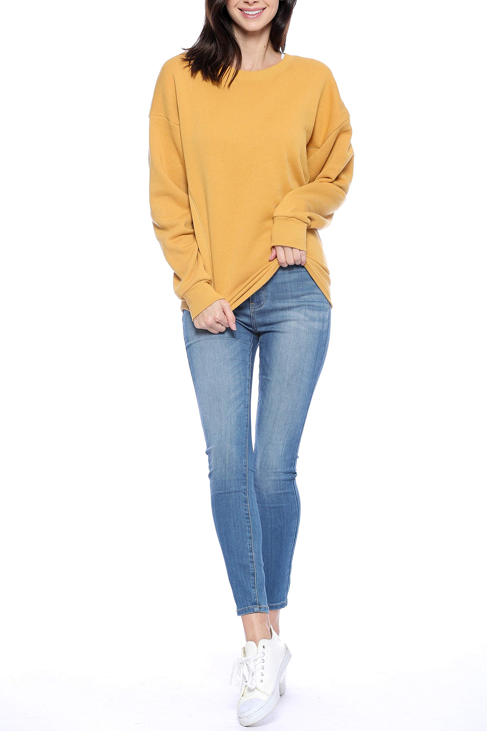 Urban Look Casual Loose Fit Fleece Pullover Sweatshirt (Medium, Solid Mustard)