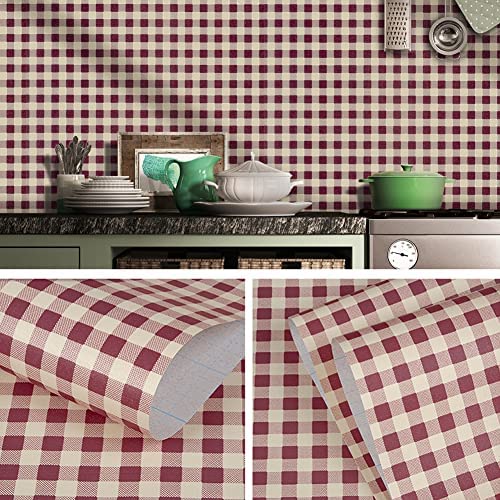 YIFU LIFE F13461 Checkered Peel and Stick Wallpaper 17.7"×9.8ft Red Lattice Vinyl Self Adhesive Removable Contact Paper Shelf Liner for Home Decor