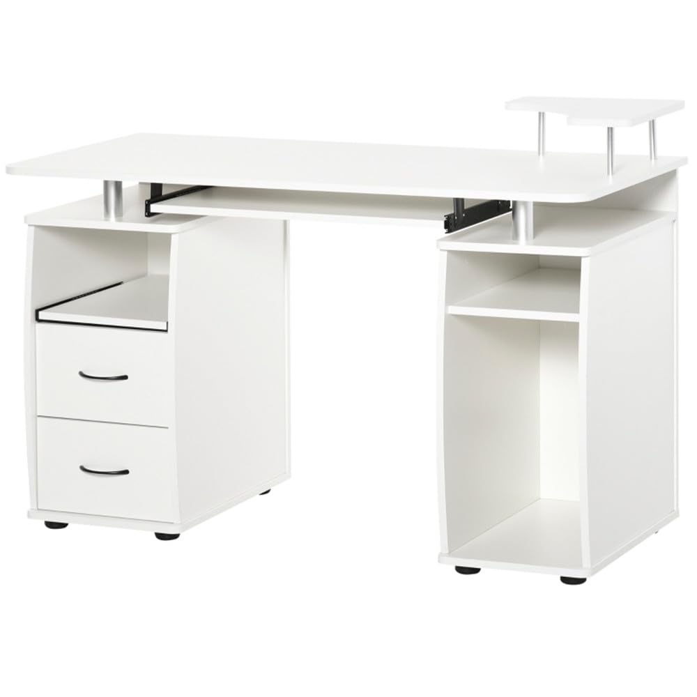 White Computer Desk with Storage Shelves Monitor Stand Keyboard Tray, Home Office Desk, Simple Modern Style Laptop Desk for Small Space, Office Desk with Adjustable Monitor Stand Study Writing Table