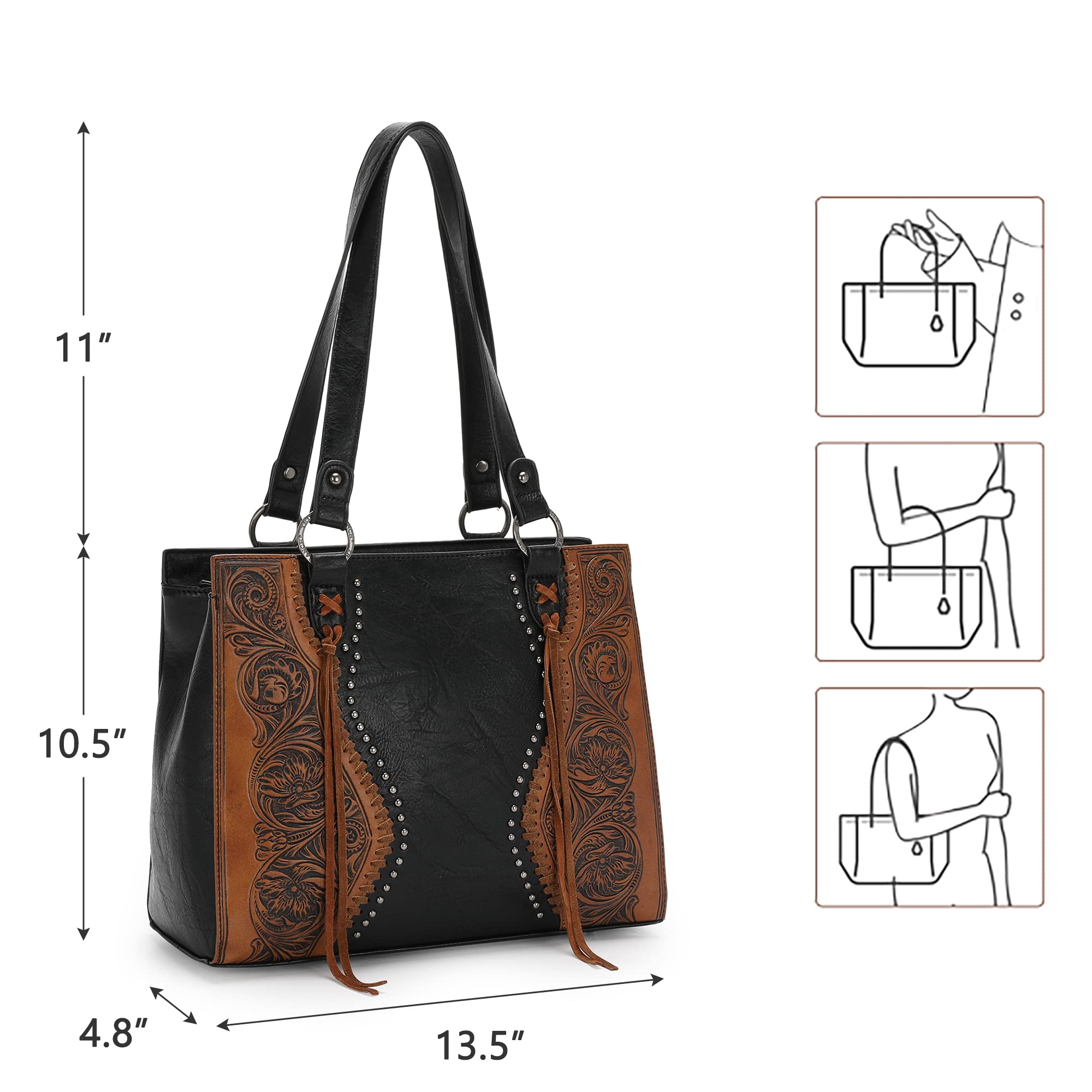 Trinity Ranch Western Purses for Women Hobo Bags Tooling Leather Satchel Large Shoulder Tote Handbag with Wallet TR147G-8113BK+W