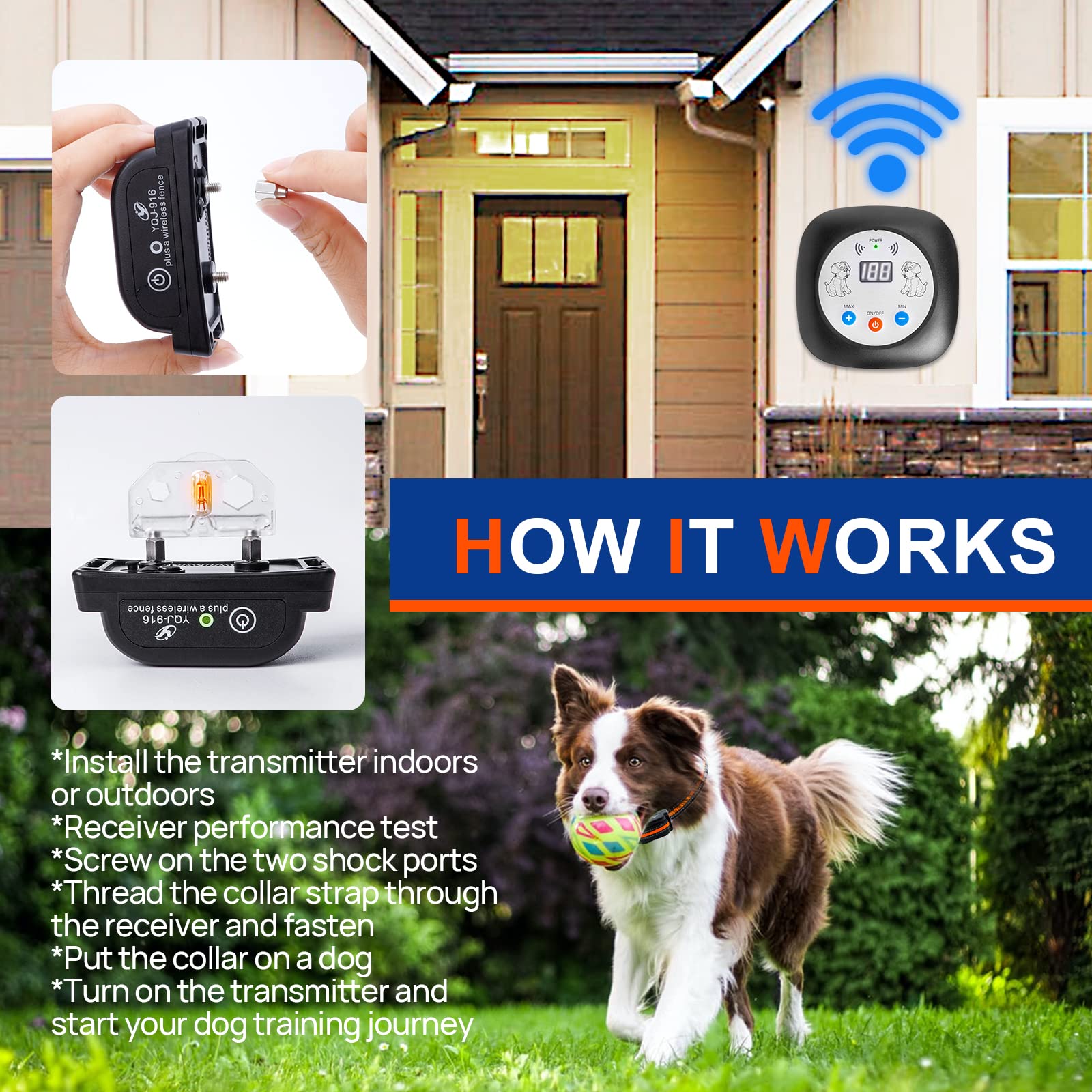 YHPOYLP Wireless Dog Fence 2 Pack, Electric Pet Containment System, Adjustable Control Range 65 to 328 Feet, Safe Effective No Randomly Over Correction, Rechargeable Waterproof Collar Receiver