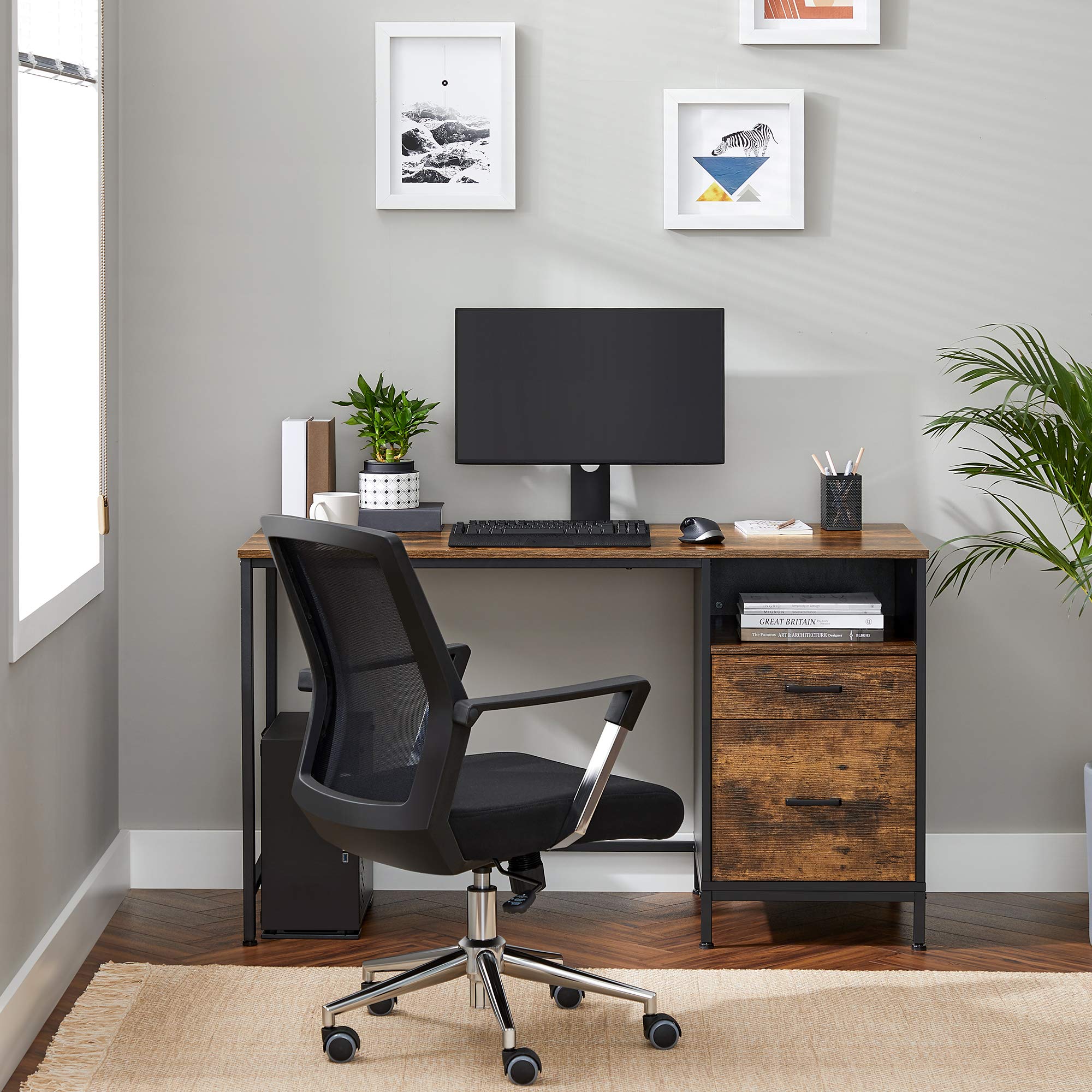 VASAGLE Computer Desk with Drawers, Writing Study Desk with File Cabinet, PC Desk for Home Office, Industrial Style, Rustic Brown and Black ULWD052B01