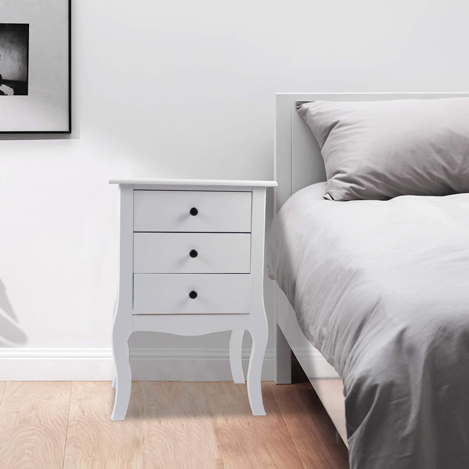 White Nightstand, Modern Bedside Table with 3 Drawers and Curved Legs, End Table with Black Round Handles, White Side Table for Bedroom, Living Room, Apartment, White