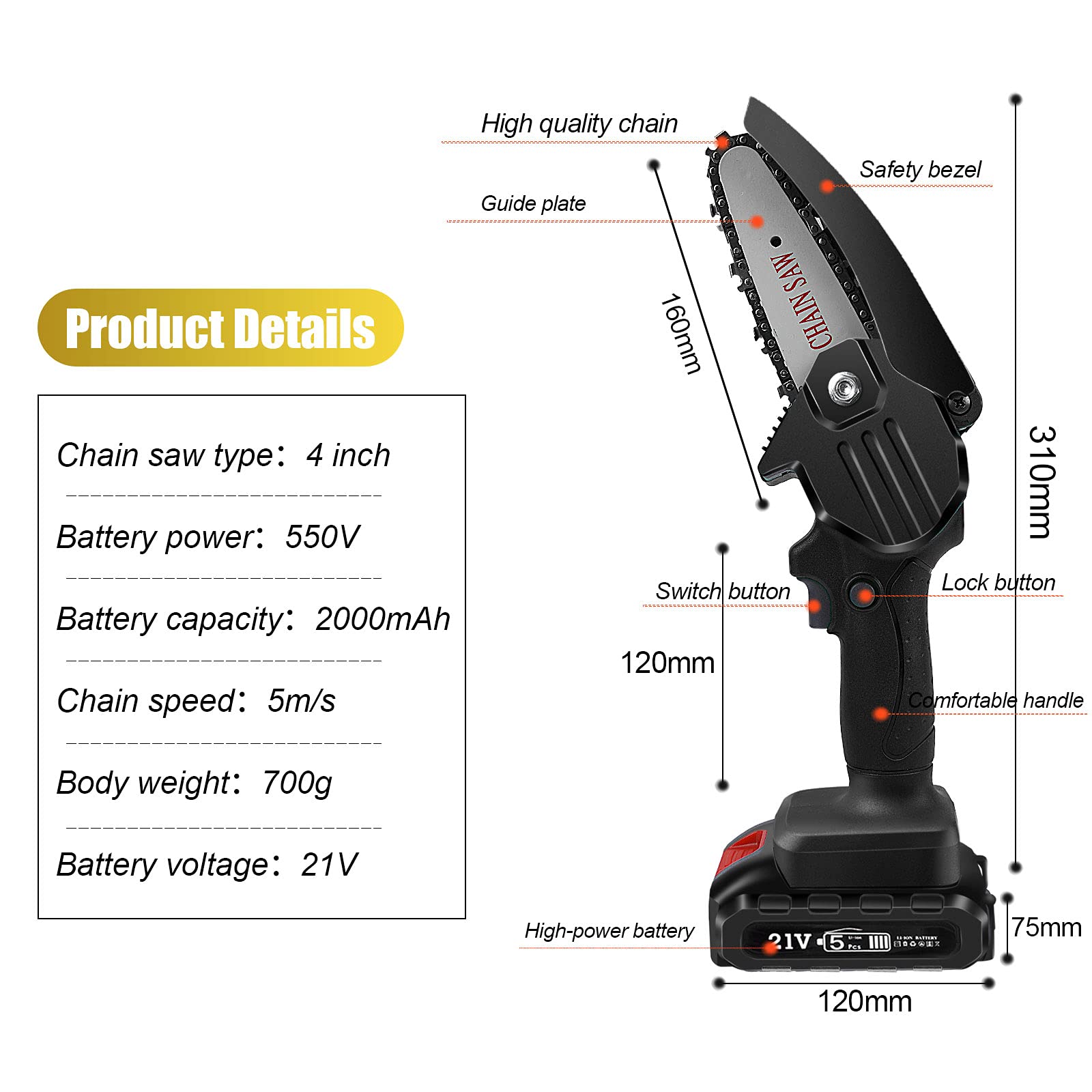 ZNP Mini Chainsaw Cordless, Battery Powered Chainsaw, 4 inch Handheld Portable Chain Saw for Tree Pruning, Electric operated Small Chainsaw for Gardening Tree Branch Wood Cutting (upgrade 2.0)