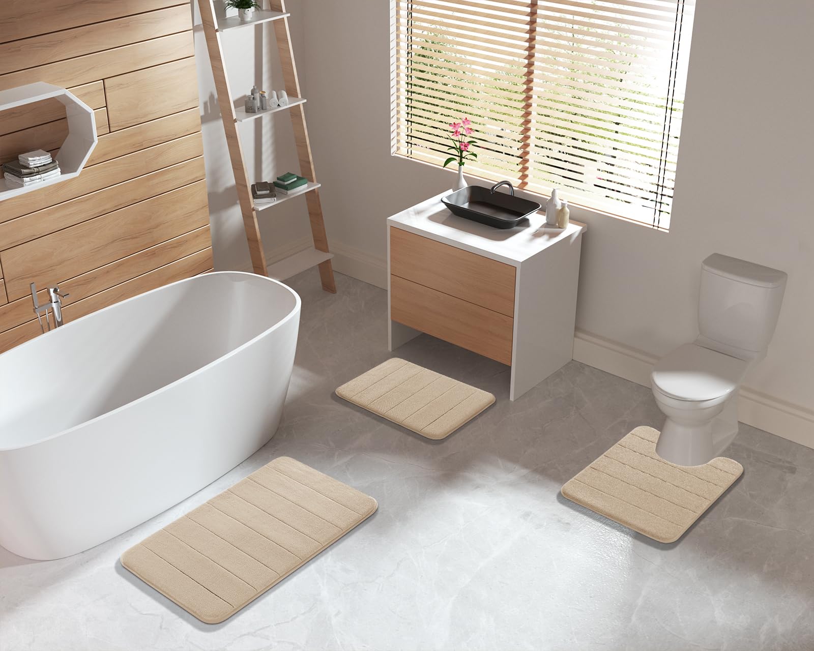 Yimobra Memory Foam Bath Mat Set, 2 Pieces Soft Bathroom Rugs,31.5x19.8 and 24x20.4 U-Shaped for Bathroom Rugs, Toilet Mats, Water Absorption, Non Slip, Thick, Dry Fast for Bathroom Floor Mats, Beige