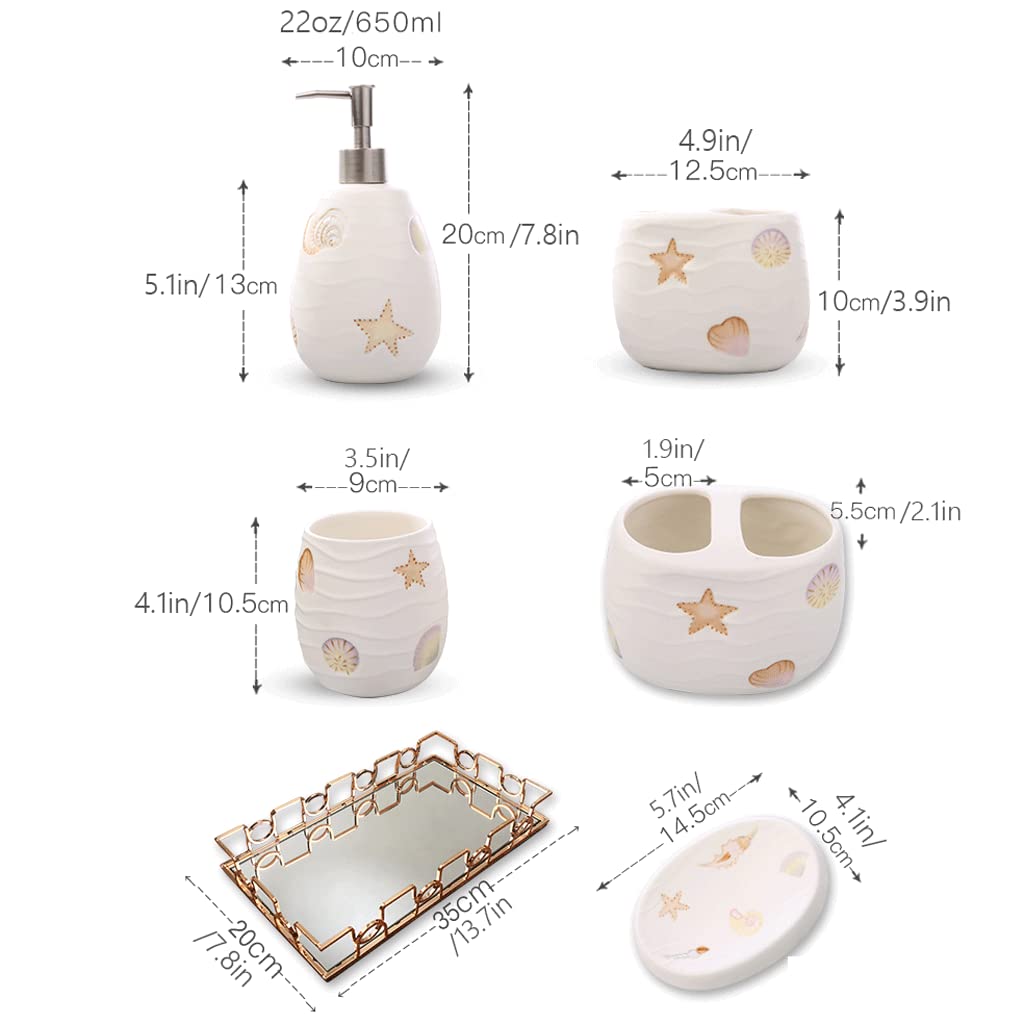 UTOYA Durable Ocean Series Bathroom Accessories,Hand-Glazing Soap Dispenser Set W/Mirror Tray. Ceramic Bath Gift Set,Home Countertop Decor Set Replacement