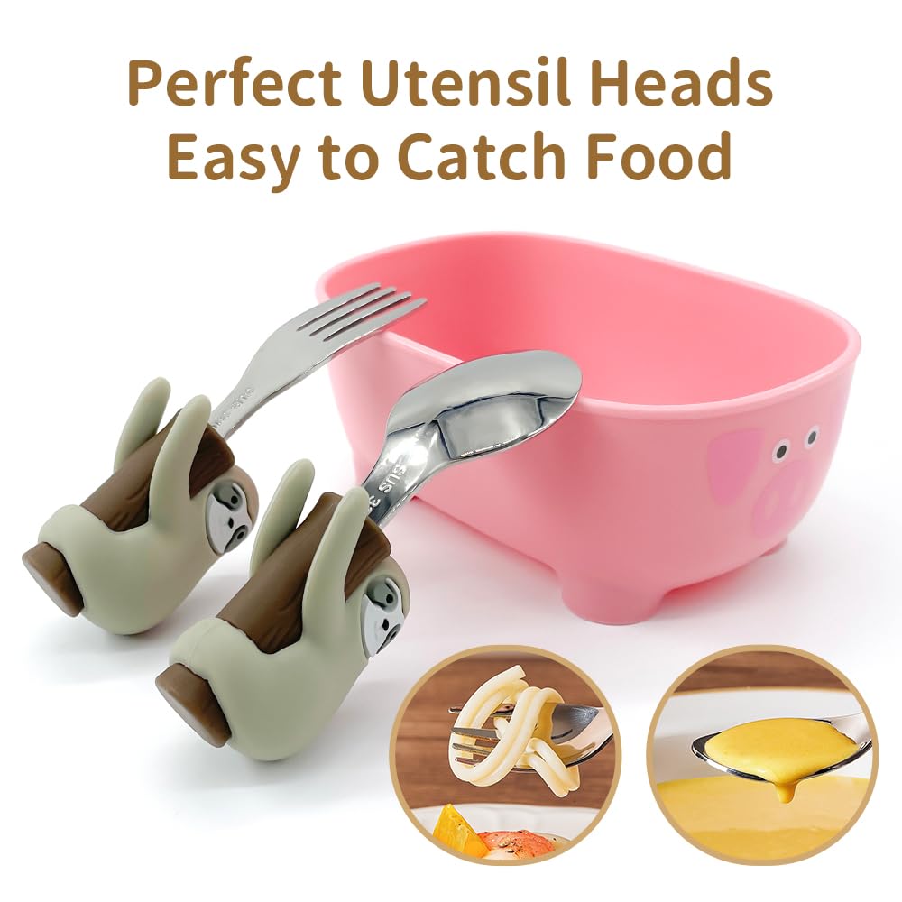 YBW Toddler Spoon and Fork Utensil Set with Case, Easy Grip Cute Sloth Animal Handle, On-The-Go Pack for Baby Toddler Self-Feeding for Home Travel Use, Sloth
