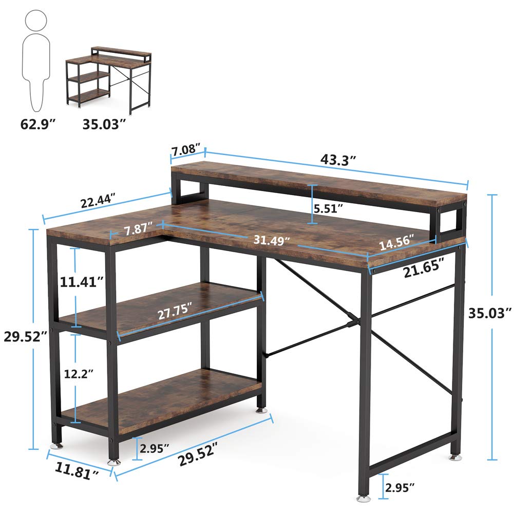 Tribesigns L Shaped Desk with Storage Shelves, Rustic Corner Desk Study Writing Workstation with Monitor Stand Riser for Home Office Small Space (Rustic Brown)