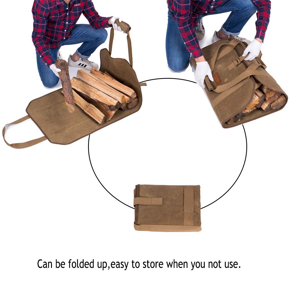 Vcedas Heavy Duty Waxed Canvas Log Carrier Tote Bag, Firewood Holder, Fireplace Stove Accessories Storage Bag (Khaki)