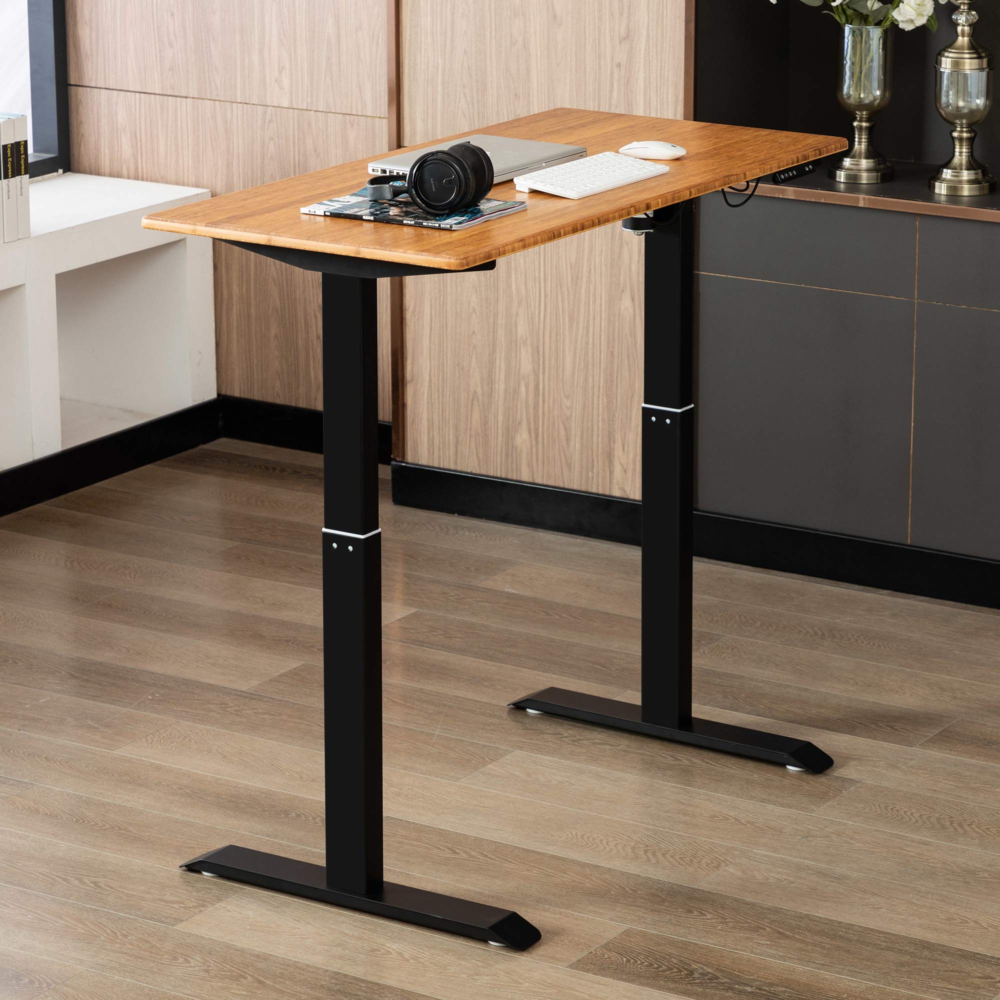 Zoopolyn Electric Standing Desk with Whole Piece Bamboo Board 48"X24" Height Adjustable Desk for Home Office Black Frame Carbonized Top