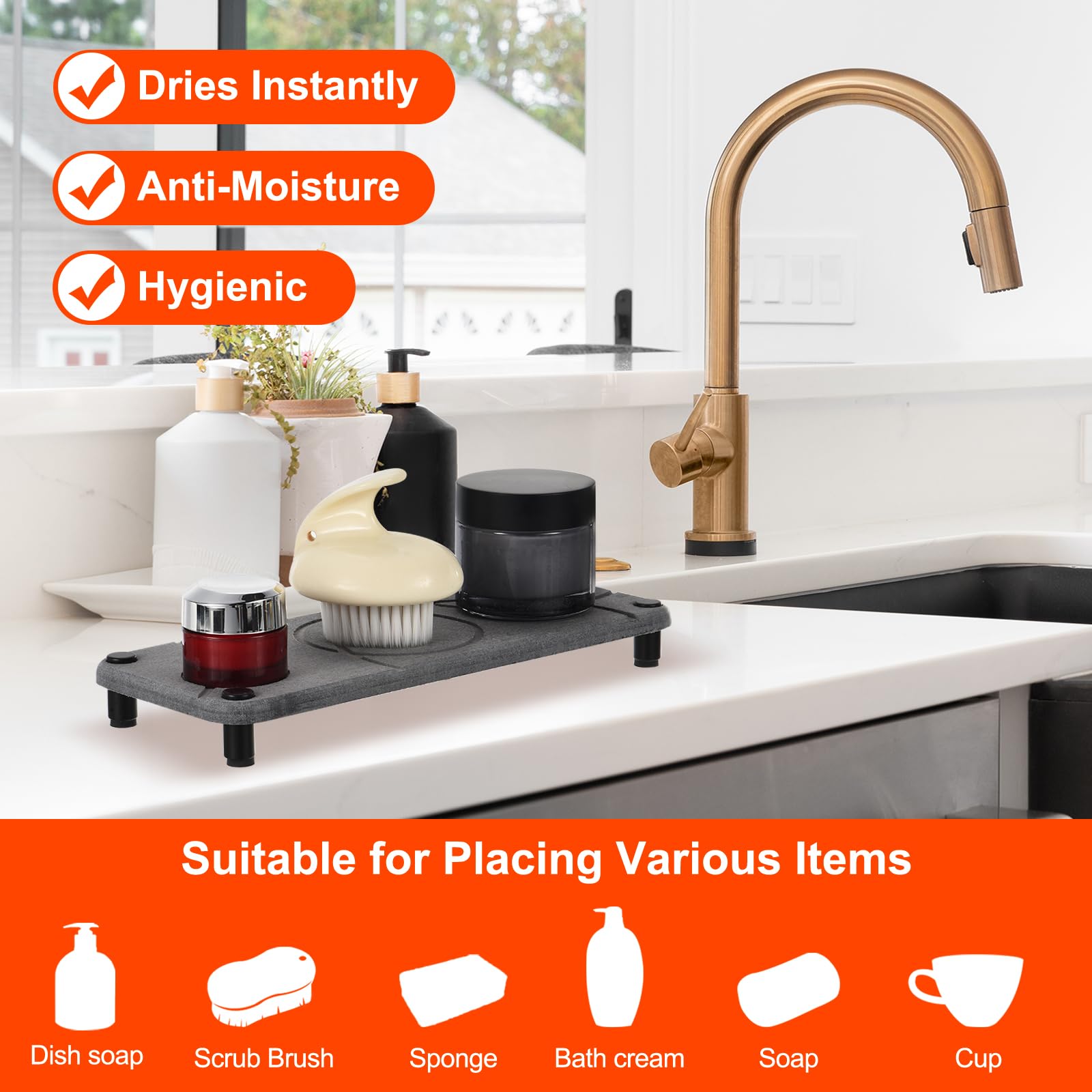 uxcell 2pcs Instant Dry Sink Organizer, Fast Drying Stone Sink Tray, Water Absorbing Stone Tray with Stainless Steel Feet for Bathroom Organization Grey