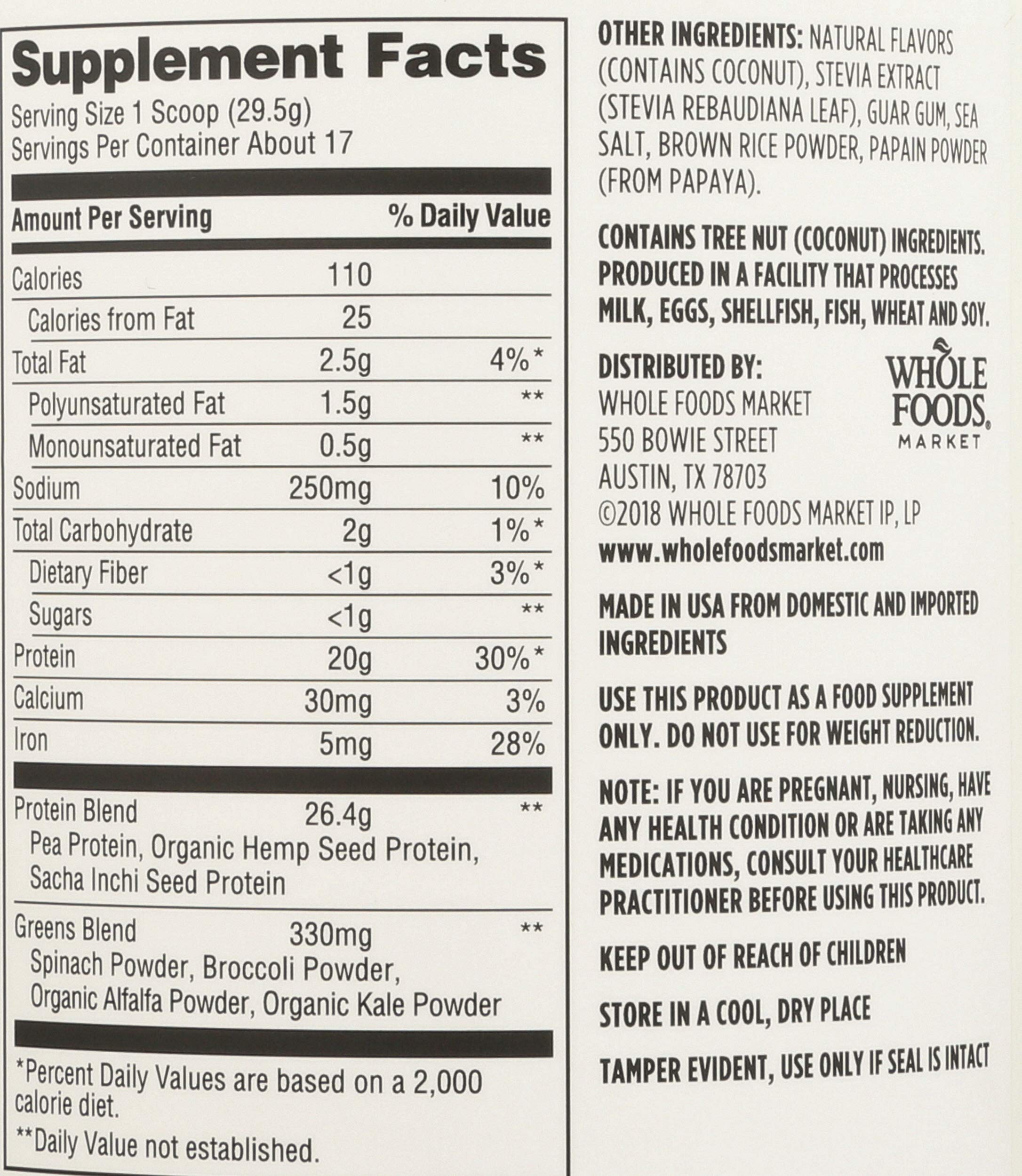 Whole Foods Market, Protein Powder And Greens Coconut Almond, 18 Ounce