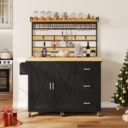 YITAHOME Large Rolling Kitchen Island with Storage Cabinet Drawer Tall Shelf, 53 Inch Big Portable Mobile Baker Rack Cart Movable on Wheels Thick Counter Glass Holder Hooks Spice Rack, Black & Oak