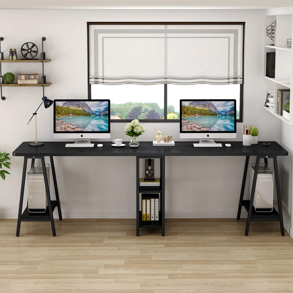 Tribesigns Two Person Desk, 94.5 Inch Double Computer Desk with Storage Shelves, Large Gaming Desk Studying Writing Workstation for Home Office, Black