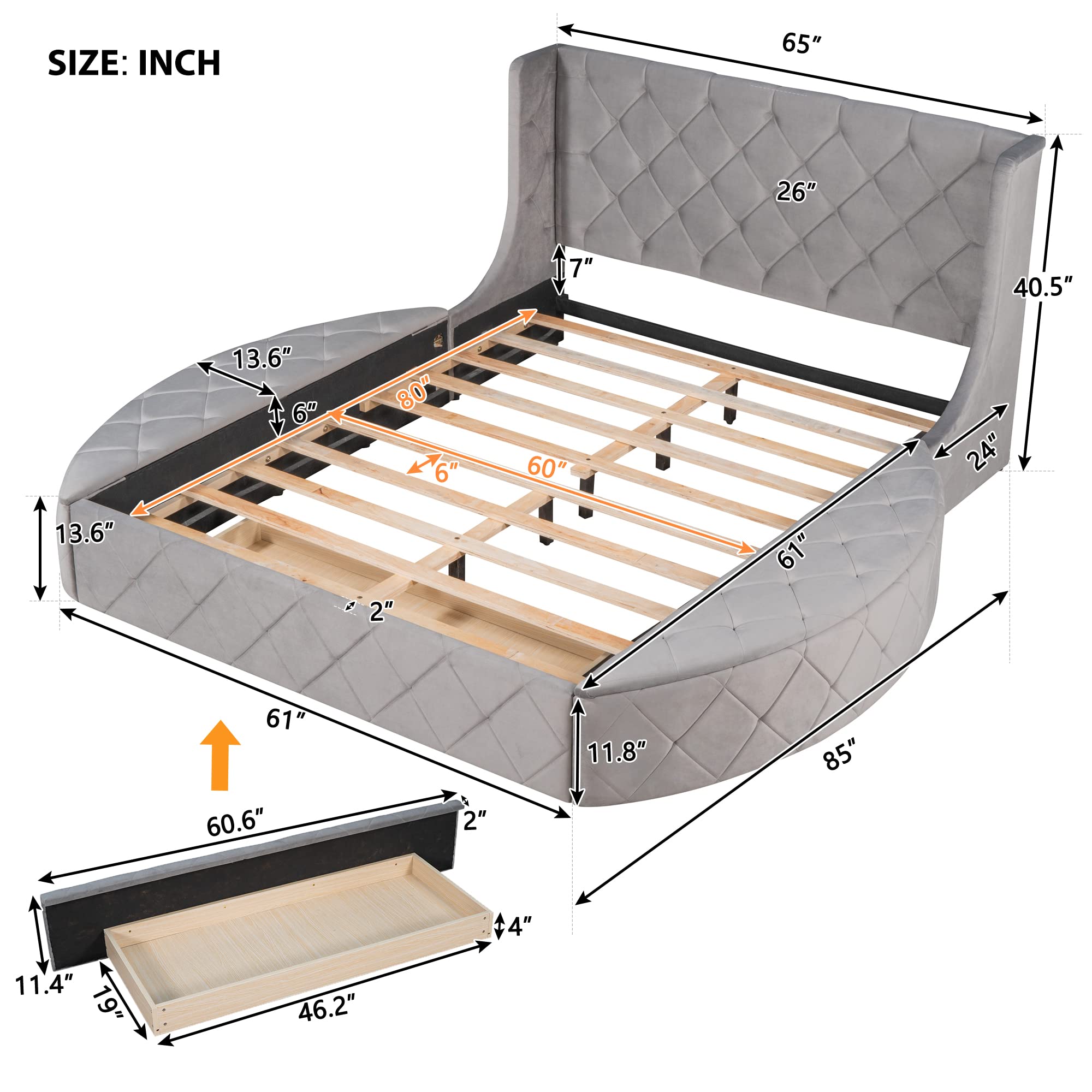 Yehha Full Size Frame w/Twin Trundle & 2 Storage Drawers, Wooden Platform Bed w/Slat Support, No Box Spring Needed, for Kids Teens Adults Bedroom, Gray, Grey
