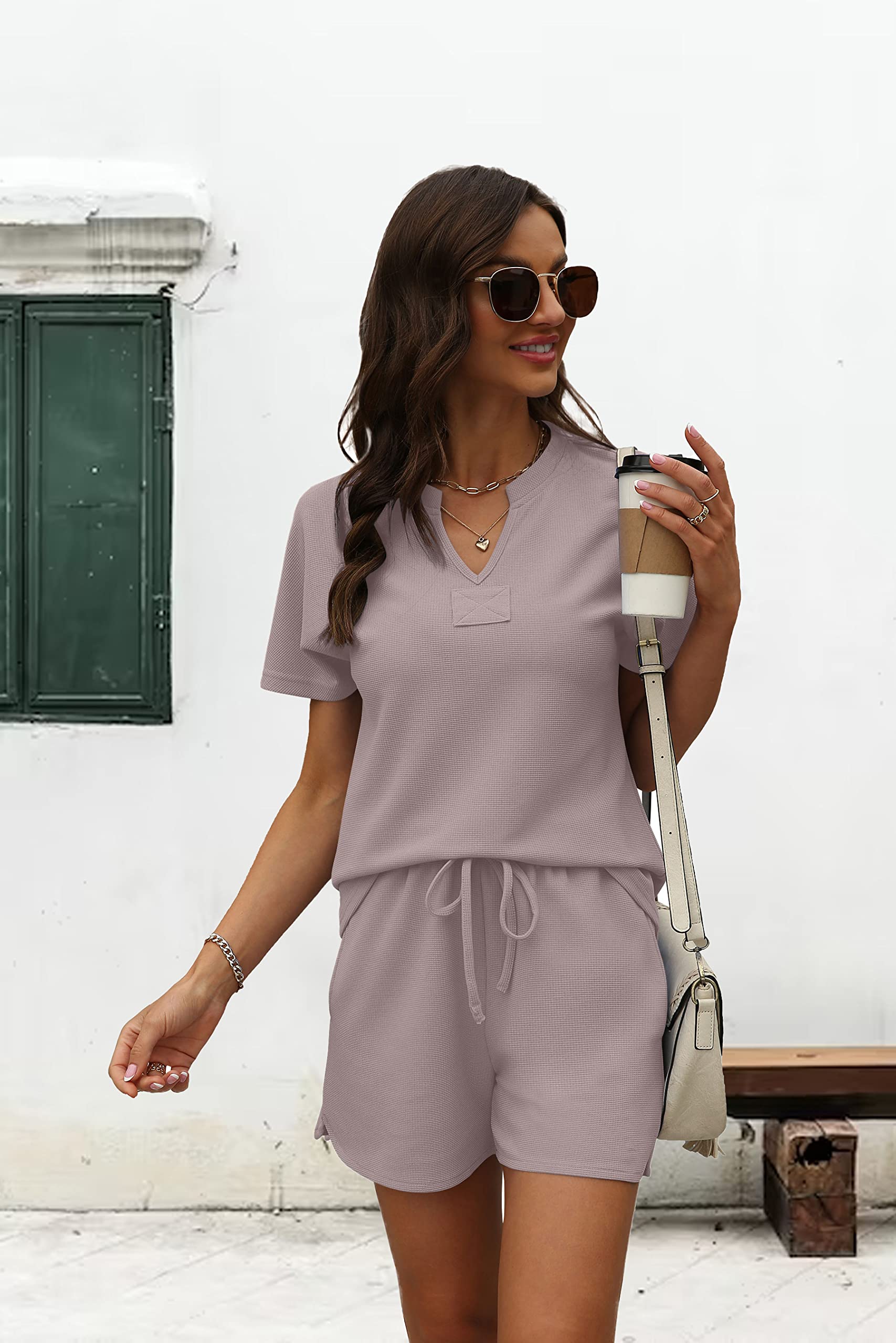 WIHOLL Pajamas Sets For Women Shorts Summer Outfits 2 Piece Sets Beige L