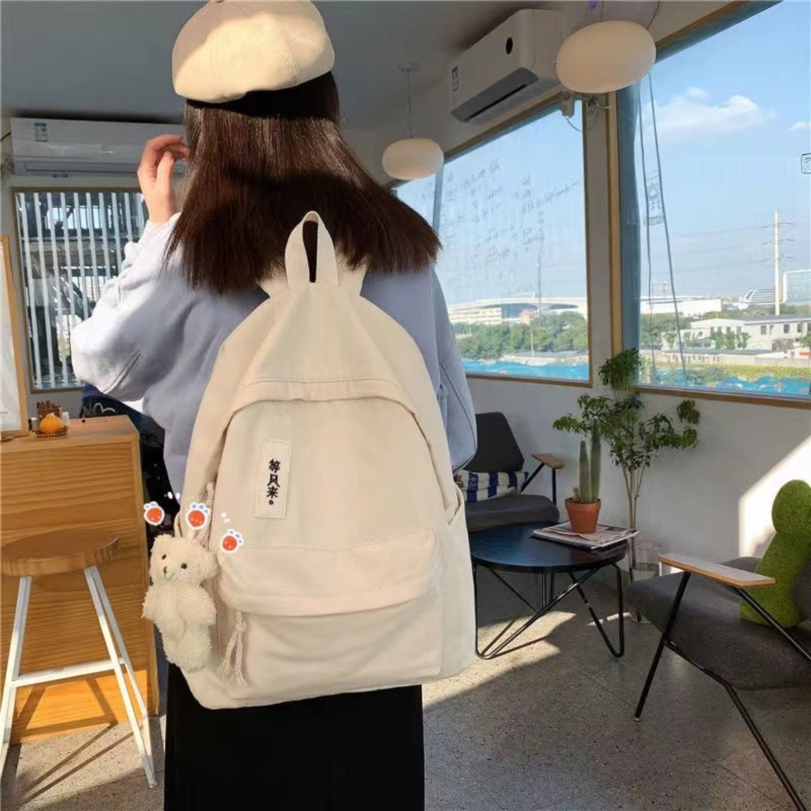 WEIIYONN Kawaii Backpack with Cute Bear Accessories Large Capacity for Laptop Aesthetic Bag for Women Canvas Pastel Bookbag (White)