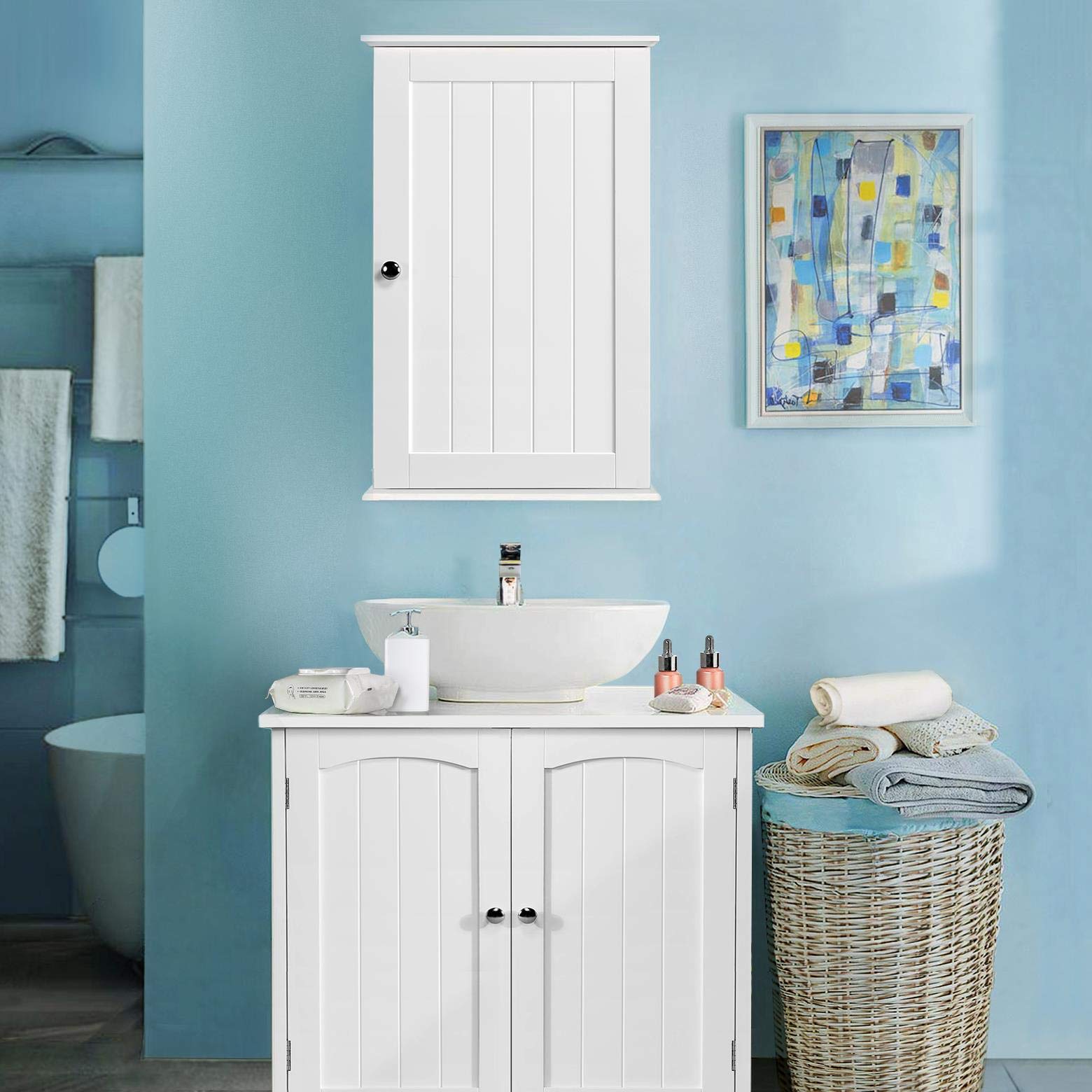 Yaheetech Bathroom Wall Cabinet, Medicine Cabinet with 2 Adjustable Shelves and Single Door, Bathroom Storage Cabinet Wall Mounted MDF Board for Bathroom, Kitchen, Laundry Room, White