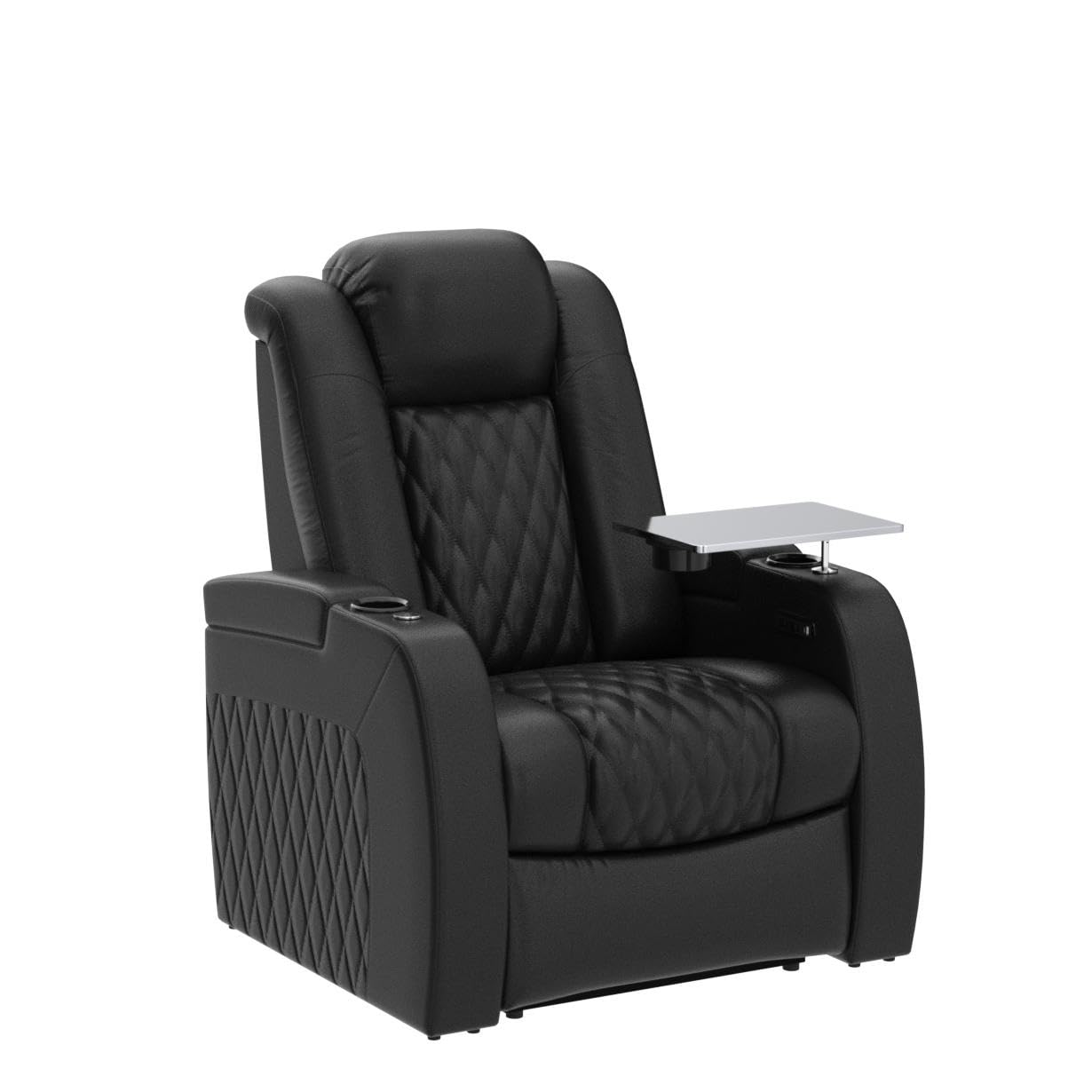 Weilianda Home Theater Seating Top Grain Leather Recliner Chair with Dual Power,Type-C USB Charge,and Wireless Charging with Tray Table - Black