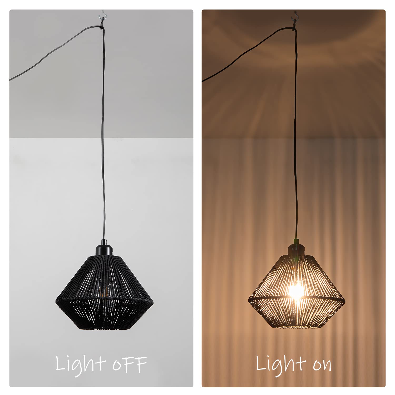 YongMing CL Black Woven Plug in Pendant Light Fixture, 9.65ββ Rustic Farmhouse Pendant Hanging Light with Plug in Cord & On/Off Switch for Kitchen Island Living Dining Room Bedroom Foyer