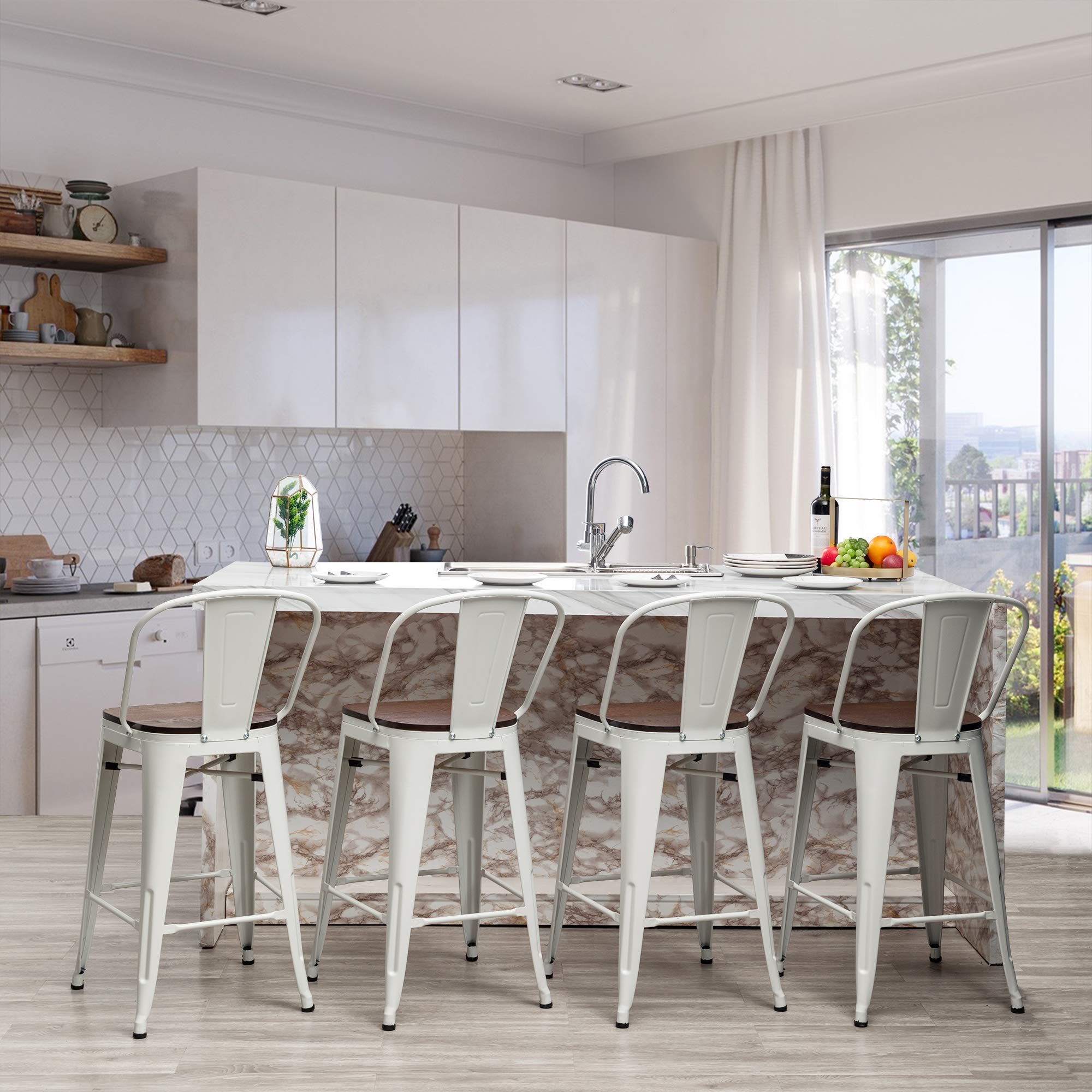 Yongqiang 24" Metal Bar Stools Set of 4 Kitchen Counter Height Bar Chairs High Back Farmhouse Barstools with Large Wooden Seat Cream White
