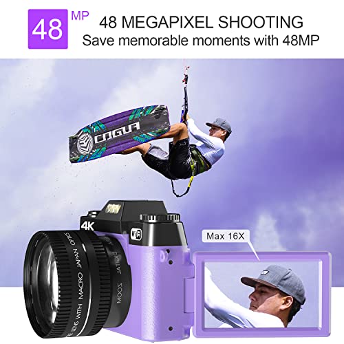 VJIANGER 4K Digital Camera 48MP Vlogging Camera for YouTube with 3.0ββ 180Β° Flip Screen, WiFi, 16X Digital Zoom, 52MM Wide Angle & Macro Lens, 2 Rechargeable Batteries, 32GB Micro SD Card(Purple31)