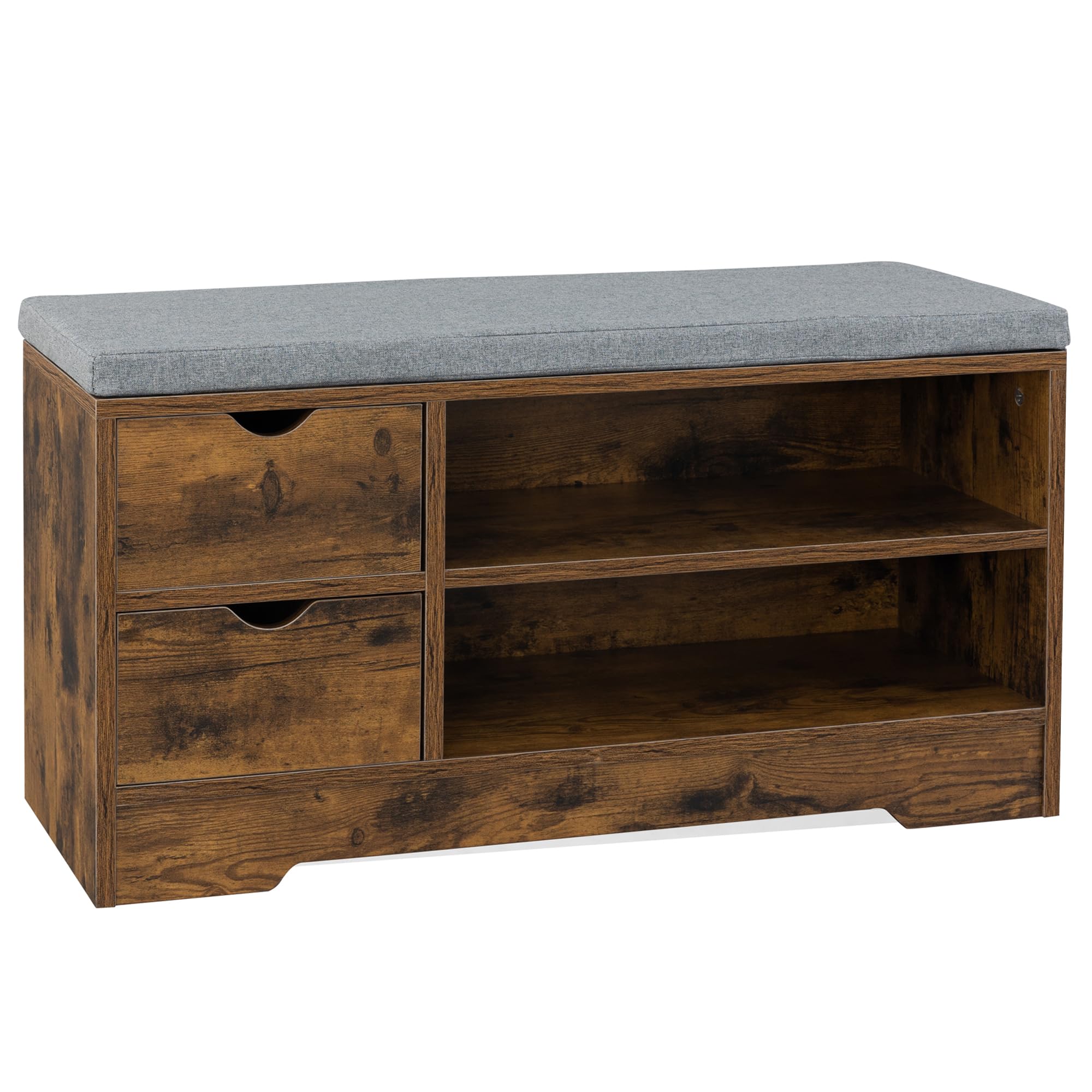 WelFurGeer Shoe Bench with Padded Cushion, Shoe Shelf 1 with Drawer, Shoe Storage Bench Entryway with Storage, Shoe Rack with 3 Compartments, for Entryway, Hallway, White + Gray