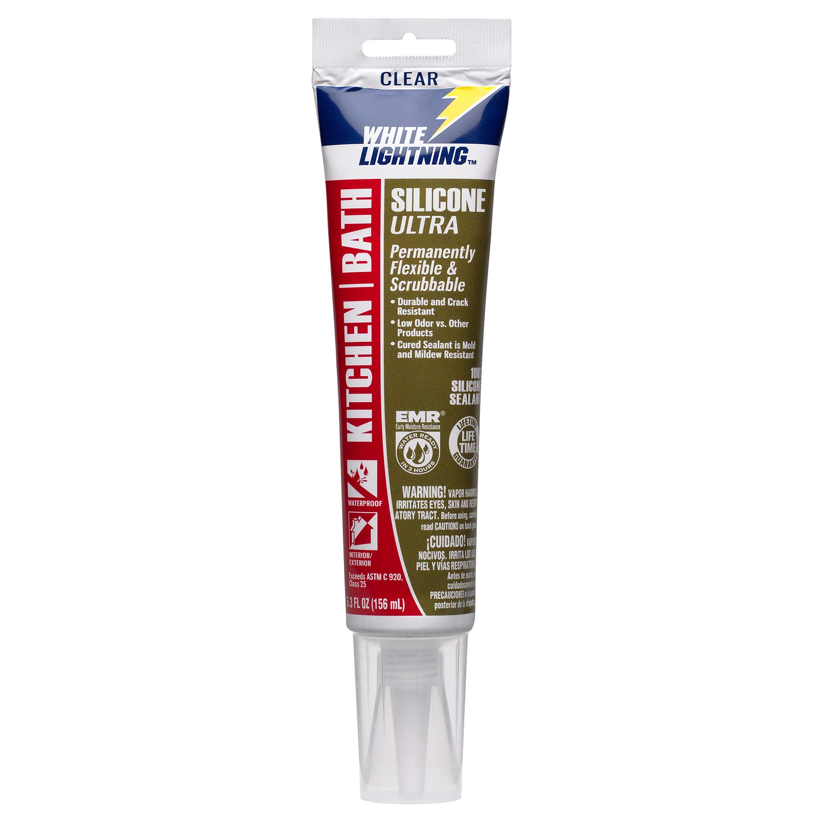 White Lightning W21101005 Silicone Ultra Kitchen & Bath Sealant, Clear, 5.3 fl. oz.