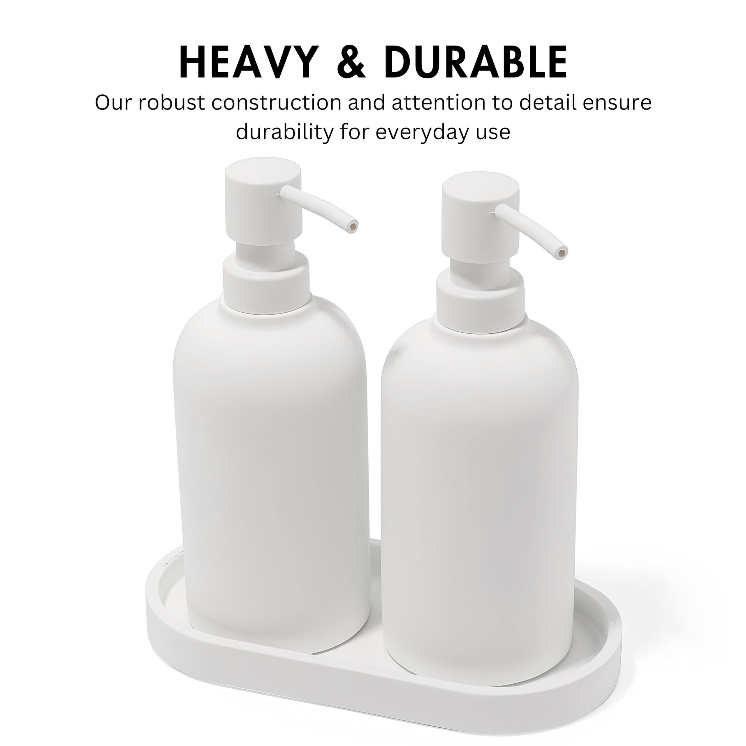 Yew Design - Matte White Soap Dispenser Set with Tray, 2 Pack 15oz Round Rustproof Liquid Hand Dish Soap Dispensers with Tray for Kitchen Sink, Countertop, and Bathroom