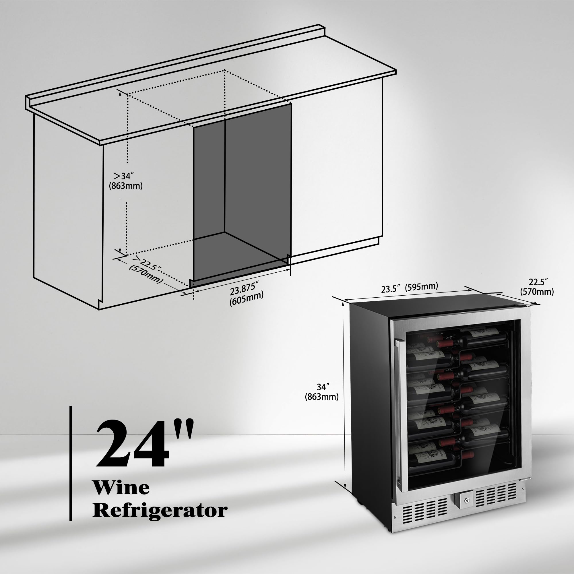 TRIFECTÉ Wine Fridge, 24" Wine Cooler Refrigerator Freestanding, 40 Bottles Wine Fridge Under Counter with Seamless Stainless Steel Door, Built-in Wine Cooler for Home, Kitchen, 4.87 cu.ft