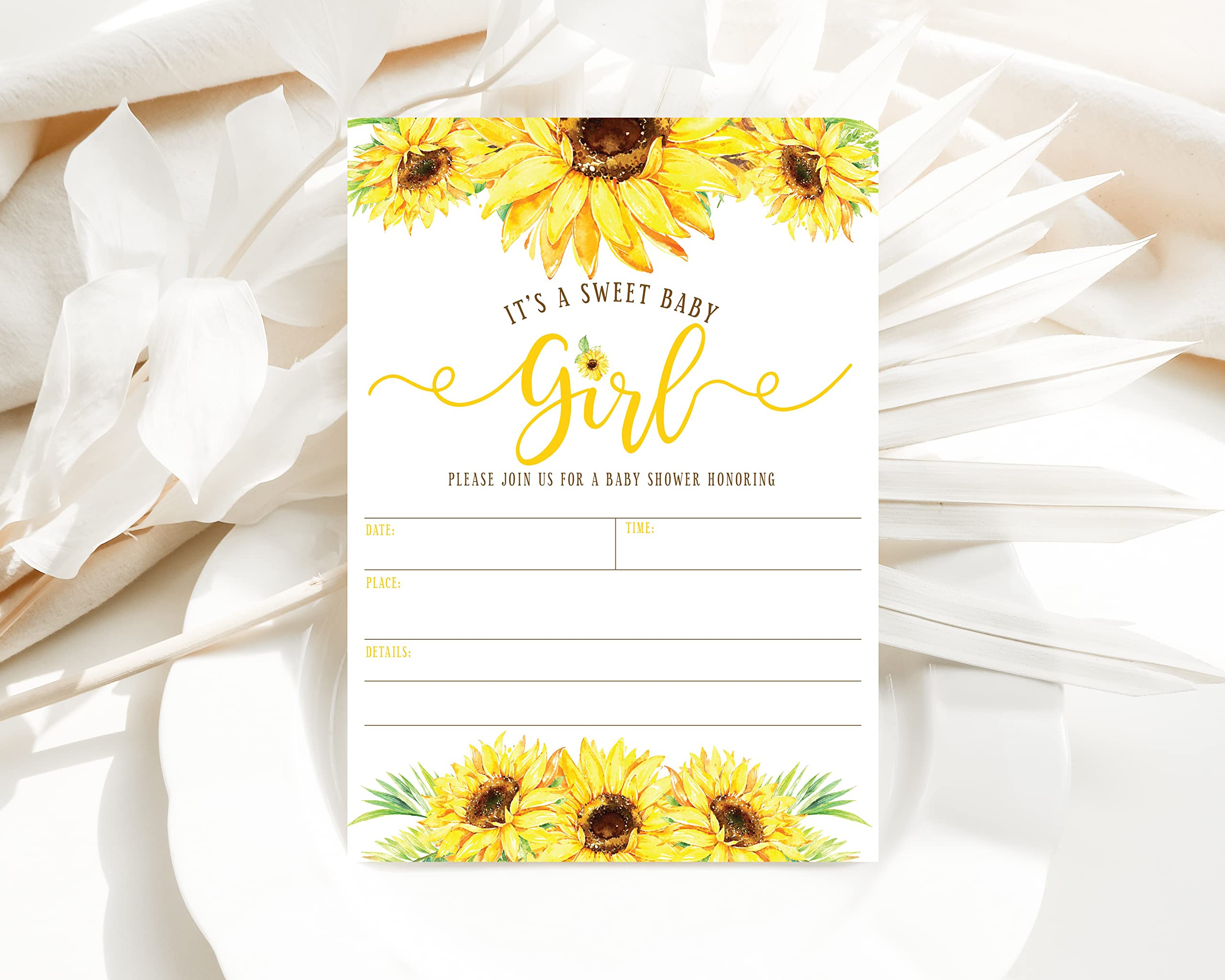 Your Main Event Prints Sunflower Girl Baby Shower Invitations, Yellow Floral Baby Shower Invites with 20 Invitations, with diaper raffles.