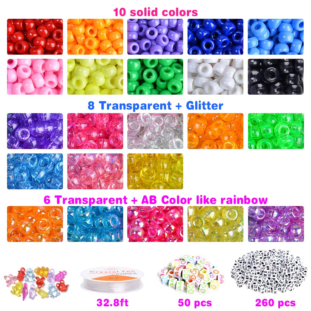 VICOVI 1000+pcs Pony Beads Kit for Bracelet Jewelry Making, Hair Beads, Include 23 Colors Rainbow Beads(9mm), 260 Letter Beads, 50 Color Beads, 20 Heart & Star Beads and Rolls Elastic String.