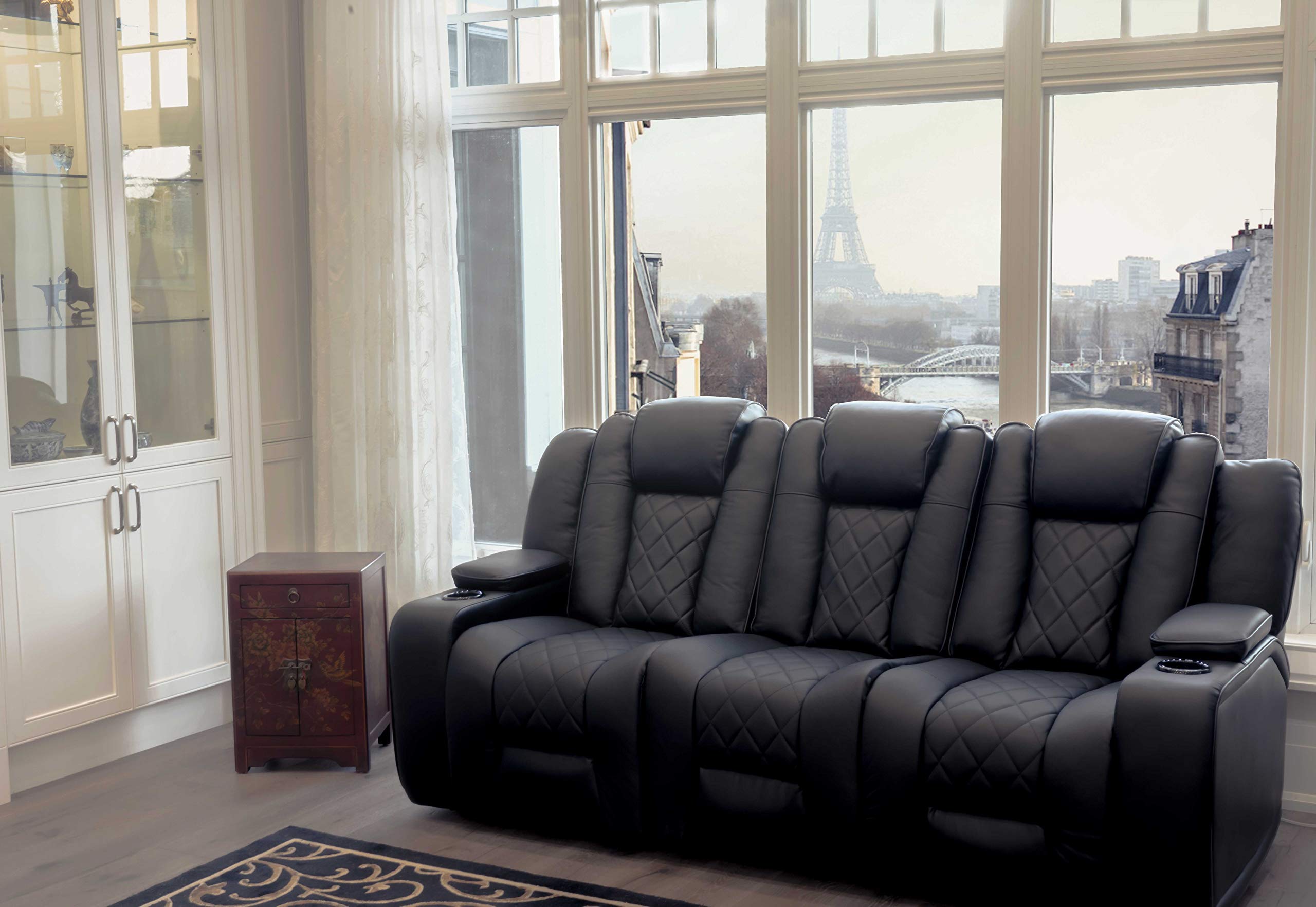 Valencia Oxford Home Theater Seating | 11000 Top Grain Black Leather, Power Recliner, with Drop Down Center Console (Row of 3)