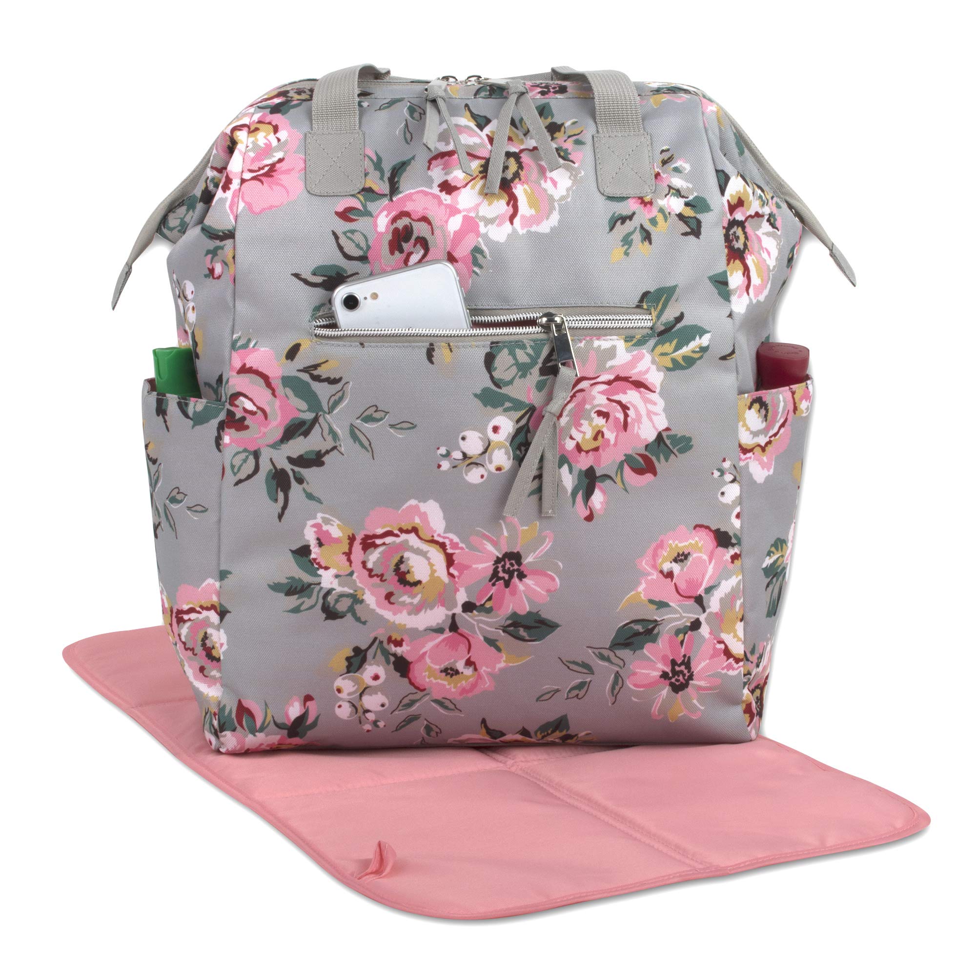 Wide Open Frame Diaper Bag Backpack and Nappy Travel Bag Tote with Changing Pad, Stroller Straps (Floral Frenzy)