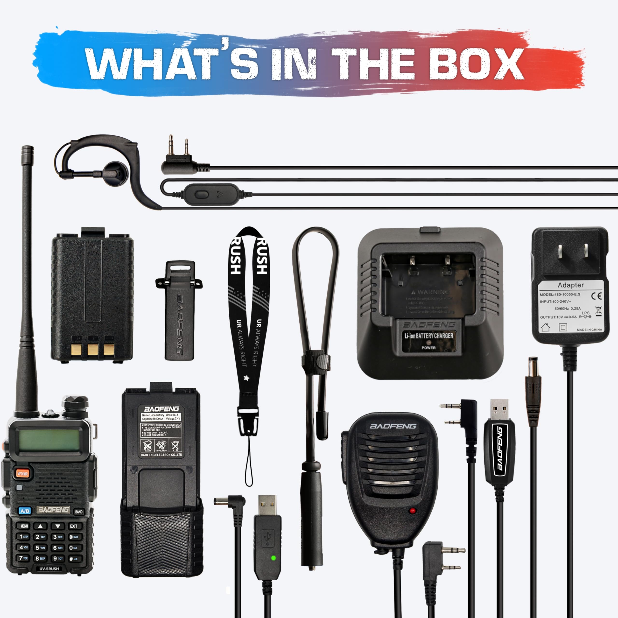 youRUSH Ham Radio Kit Baofeng UV-5R 8W ham radio handheld 3800mAh & 2800mAh BL-5 Extended Batteries & Foldable Antenna 18.7β, Speaker Mic, USB Charger, USB Baofeng programming cable Baofeng BF-F8hp