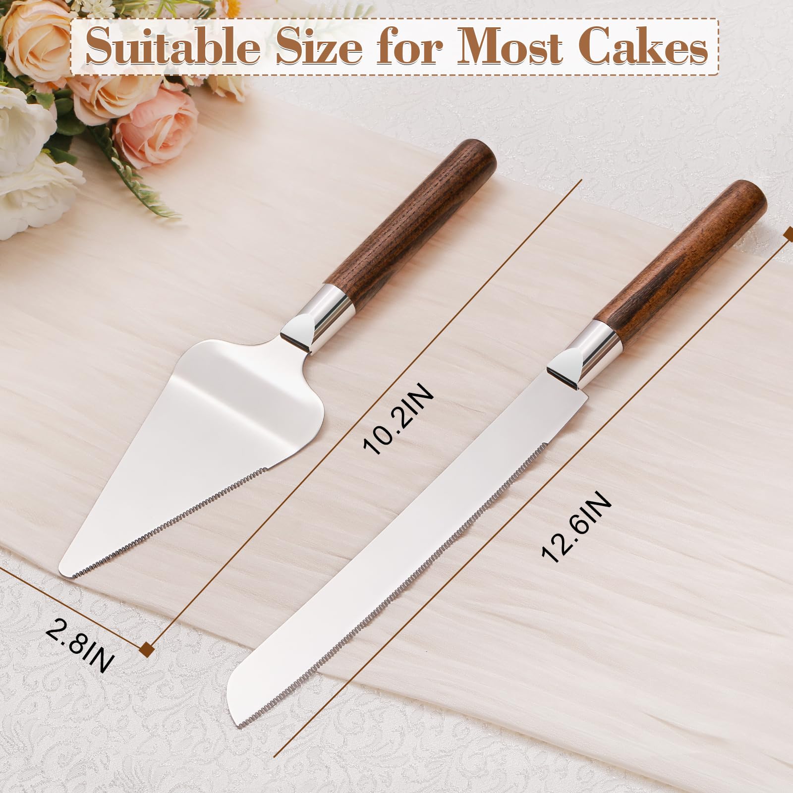 TUKDAK Cake Cutting Set for Wedding, Wood Cake Knife and Server Set, Vintage Pie Cake Cutter, Silver Pizza Dessert Utensils Bridal Anniversary Birthday QuinceaƱera Gift (Original Wood)