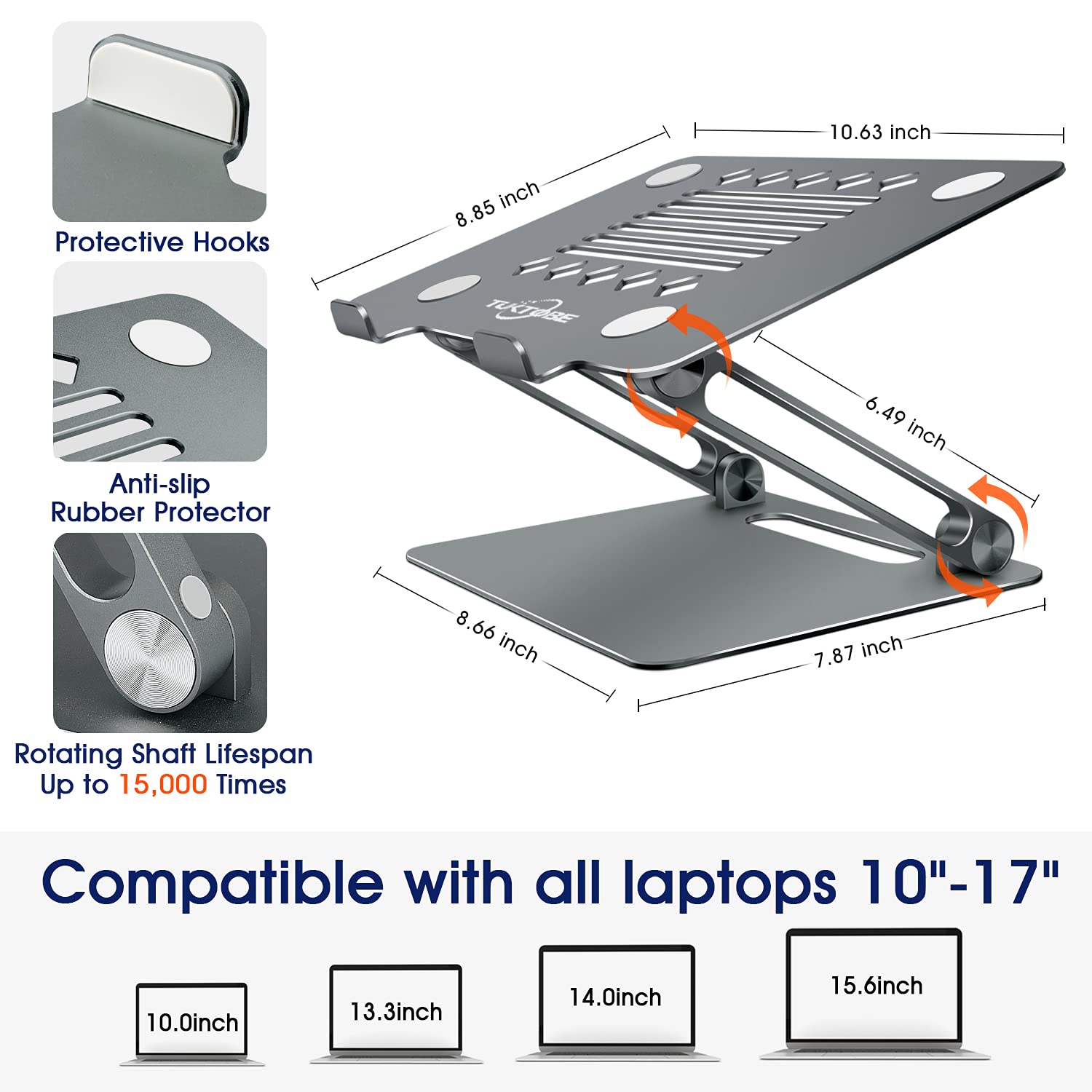 TUKTOBE Laptop Stand for Desk - Adjustable Height Laptop Holder, Aluminum Laptop Riser with Heat-Vent, Computer Stand Compatible with All HP, Dell, MacBook Laptop (Grey)