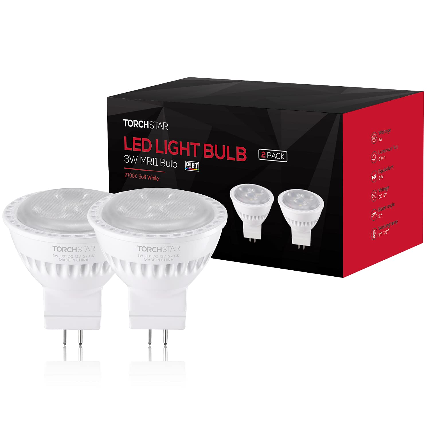 TORCHSTAR LED MR11 Bulbs, 25W Halogen Equivalent, 3W 5000K Daylight, Non-Dimmable, Outdoor Landscape Lighting Bulb, GU4 Base Spotlights, AC/DC 12V Low Voltage Recessed Track lights, Pack of 2