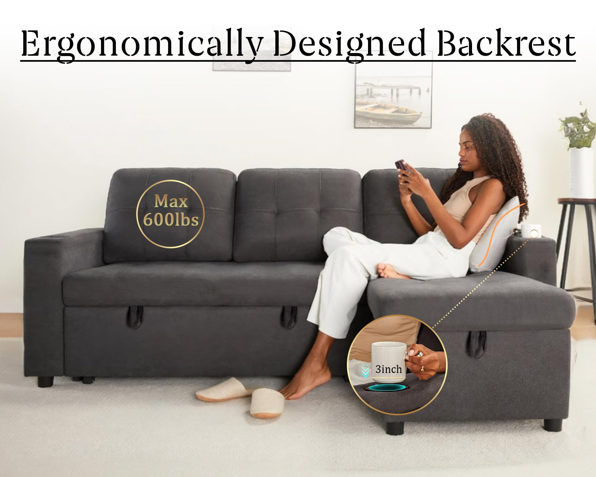 yoyomax L Shaped Sofa-82'' Sectional Sofa Chaises & Cup Holders Pull Out Bed & Storage Space for Living Room, Apartment and Office, Dark Grey(Right)