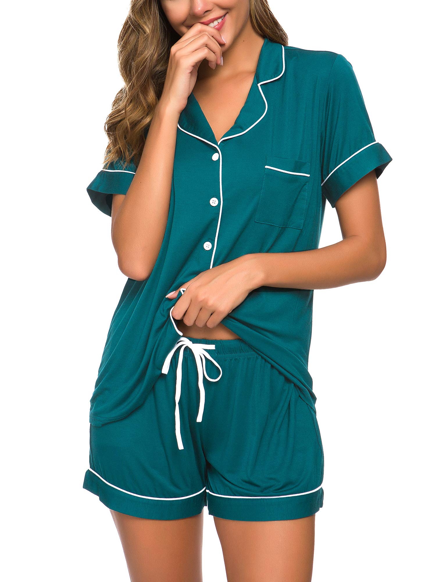 TIKTIK Pajamas Set Short Sleeve Sleepwear Womens Button Down Nightwear Soft Pj Lounge Sets with Pocket S-4XL, Peacock Green, Large
