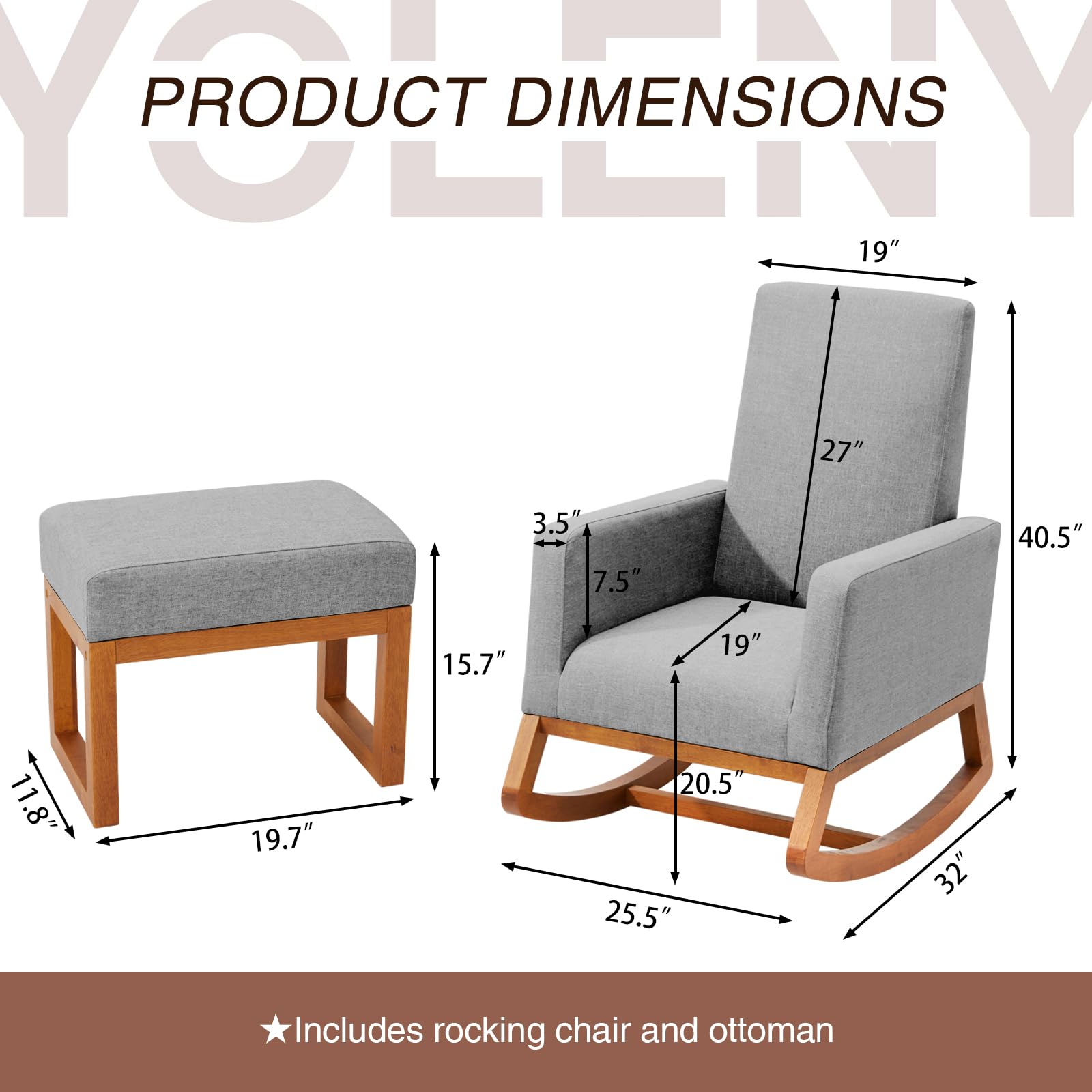 YOLENY Rocking Chair with Footstool, Upholstered Nursery Glider Rocker, Modern Accent Rocking Lounge Chair, Comfy High Back, Linen Armchair, Grey