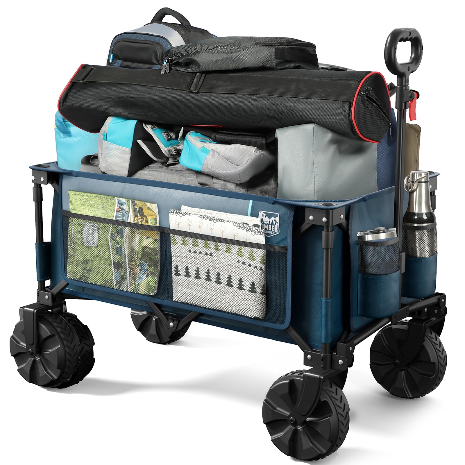 TIMBER RIDGE Collapsible Folding Wagon, Heavy Duty Utility Beach Cart with Big All-Terrain Wheels for Shopping Camping Garden with Side Bag and Cup Holders,Navy