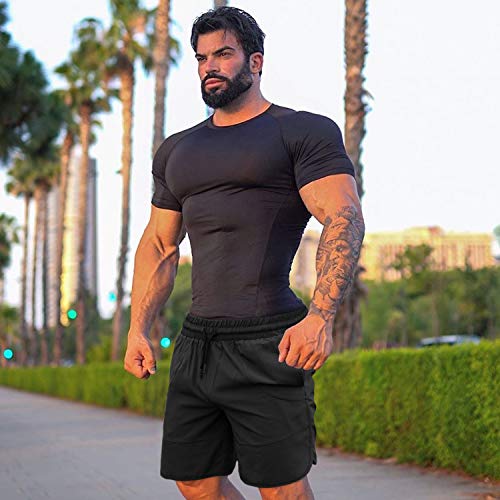 TEZO Mens 7" Gym Workout Shorts Training Bodybuilding Short Pants Zipper Pockets(NYBK L)