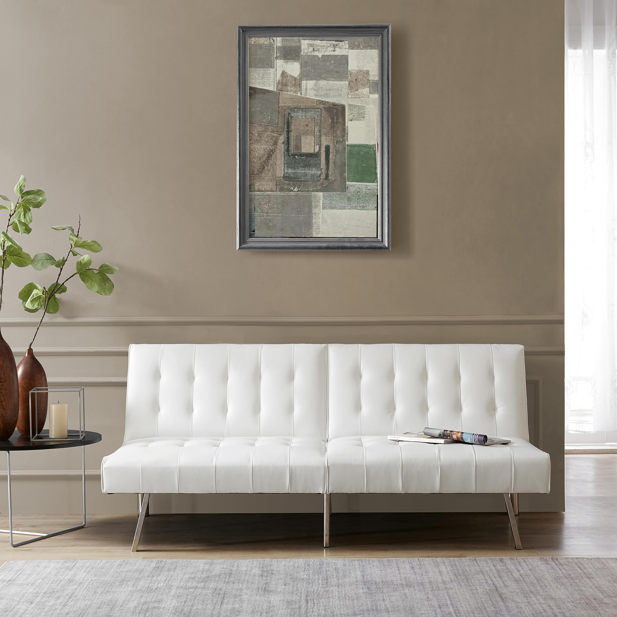White Futon Sofa Bed, Durable Faux Leather Futon Couch, Split Back Sofa Bed Couch With Metal Legs, Folding, Reclining Small Couch Bed, Pull Out Sofa Bed, White Futon Sofa Bed For Living Room