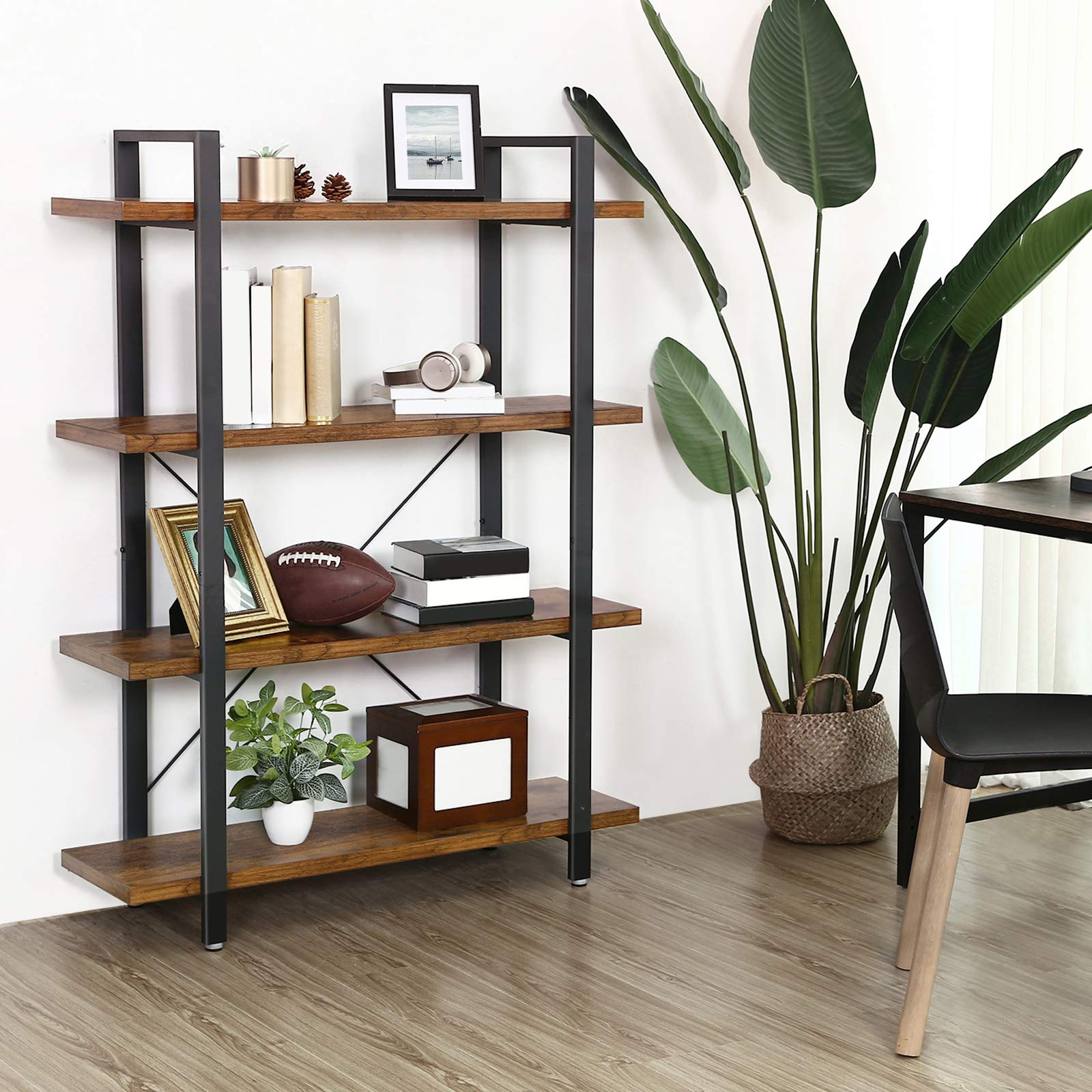 VASAGLE Industrial Bookshelf, 4-Layer Stable Bookcase, Storage Rack, Standing Shelf, Easy Assembly, Living Room, Bedroom, Office, Rustic Brown ULLS54BX, "41.3""l x 13.2""w x 54.3""h"