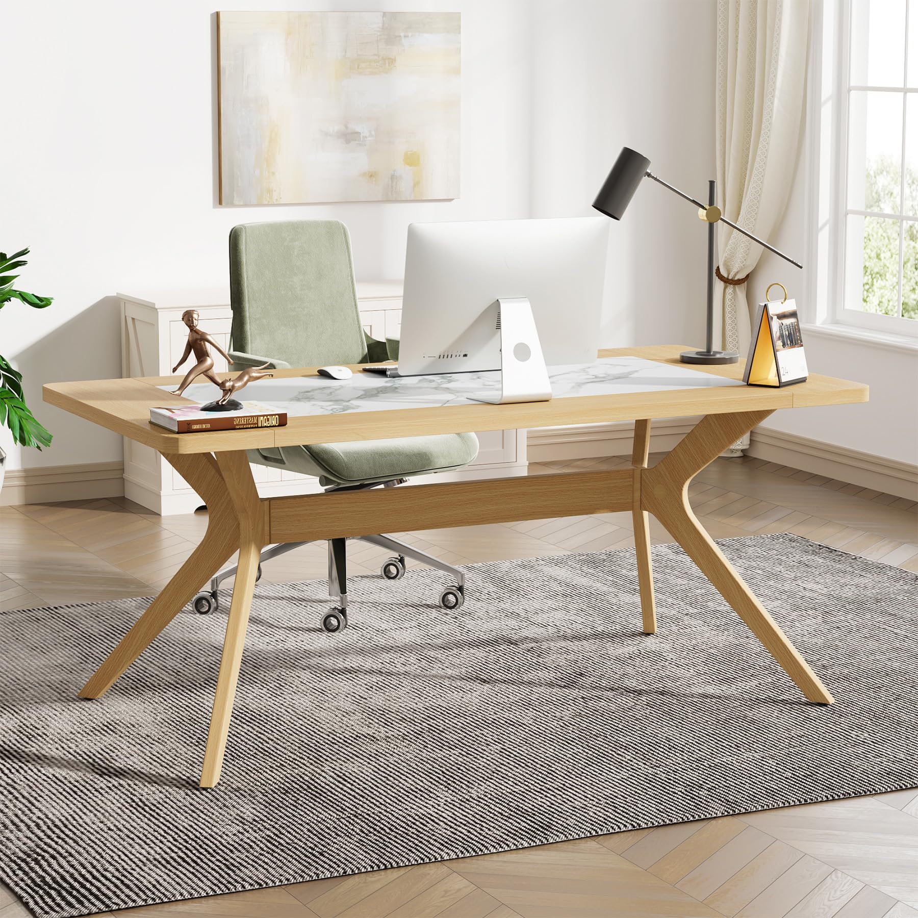Tribesigns 63-Inch Executive Desk, Modern Office Desk with Solid Wood X-Shape Frame, Large Computer Desk Writing Table Business Furniture for Home Office (Oak and White Marble)
